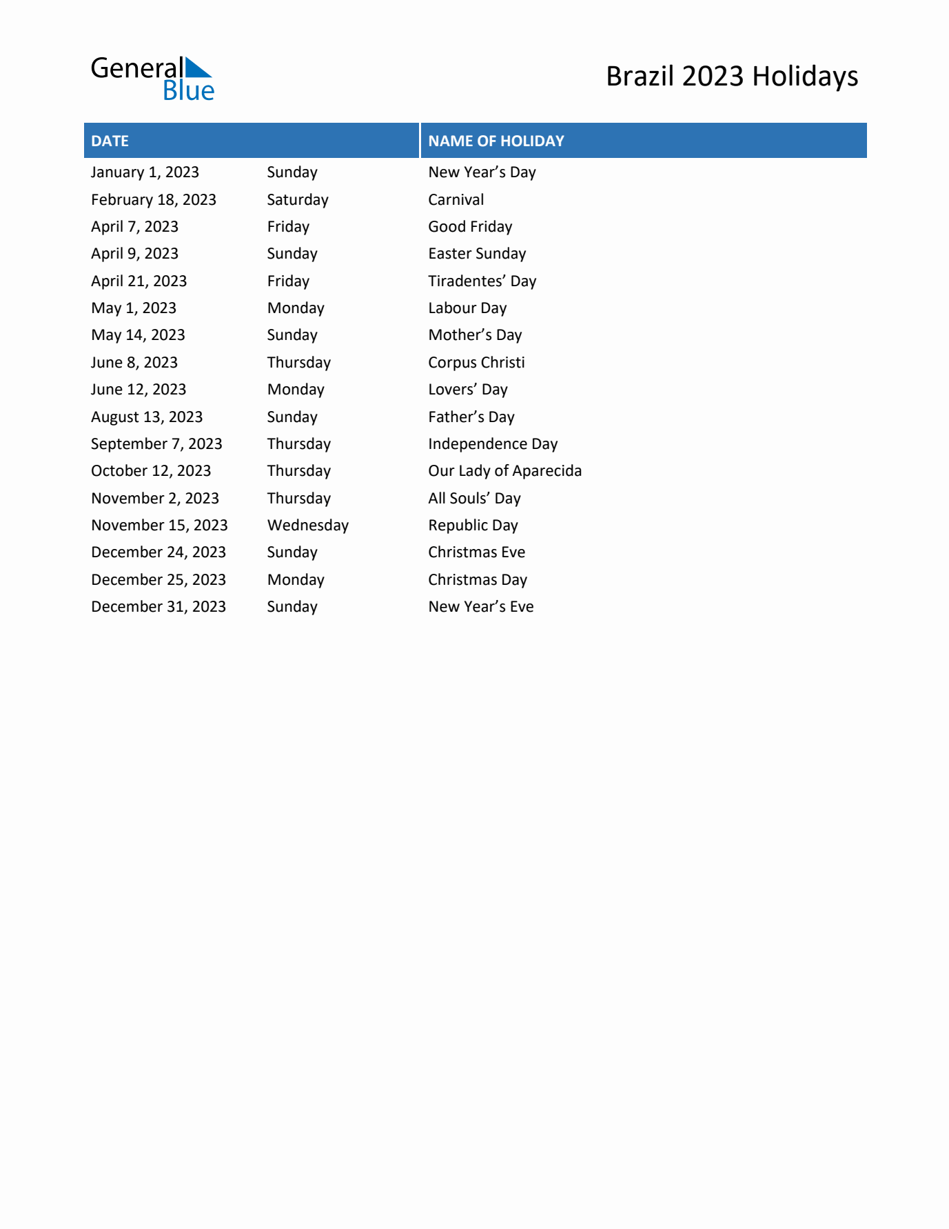 2023 Brazil List of Holidays in PDF, Word, and Excel