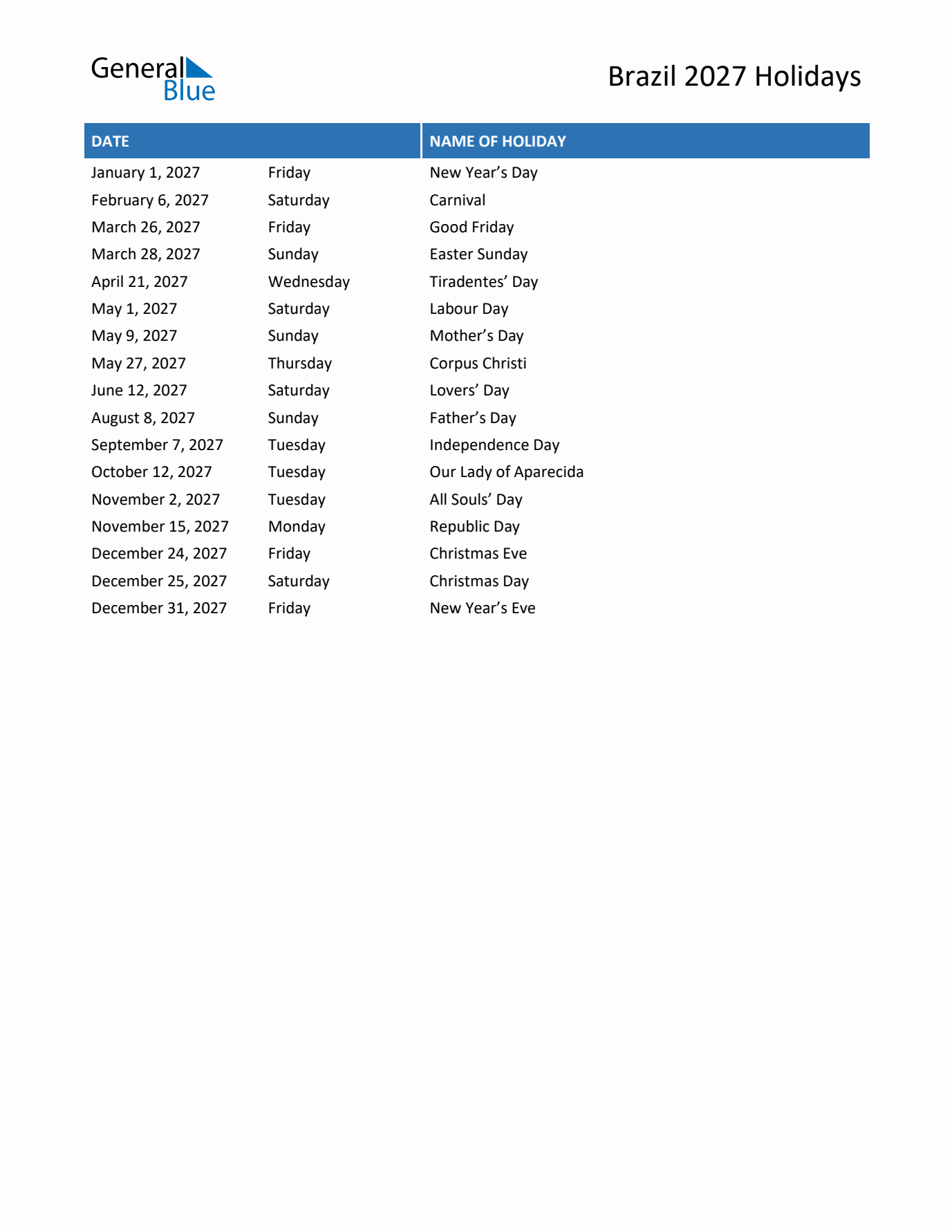 2027 Brazil List of Holidays in PDF, Word, and Excel