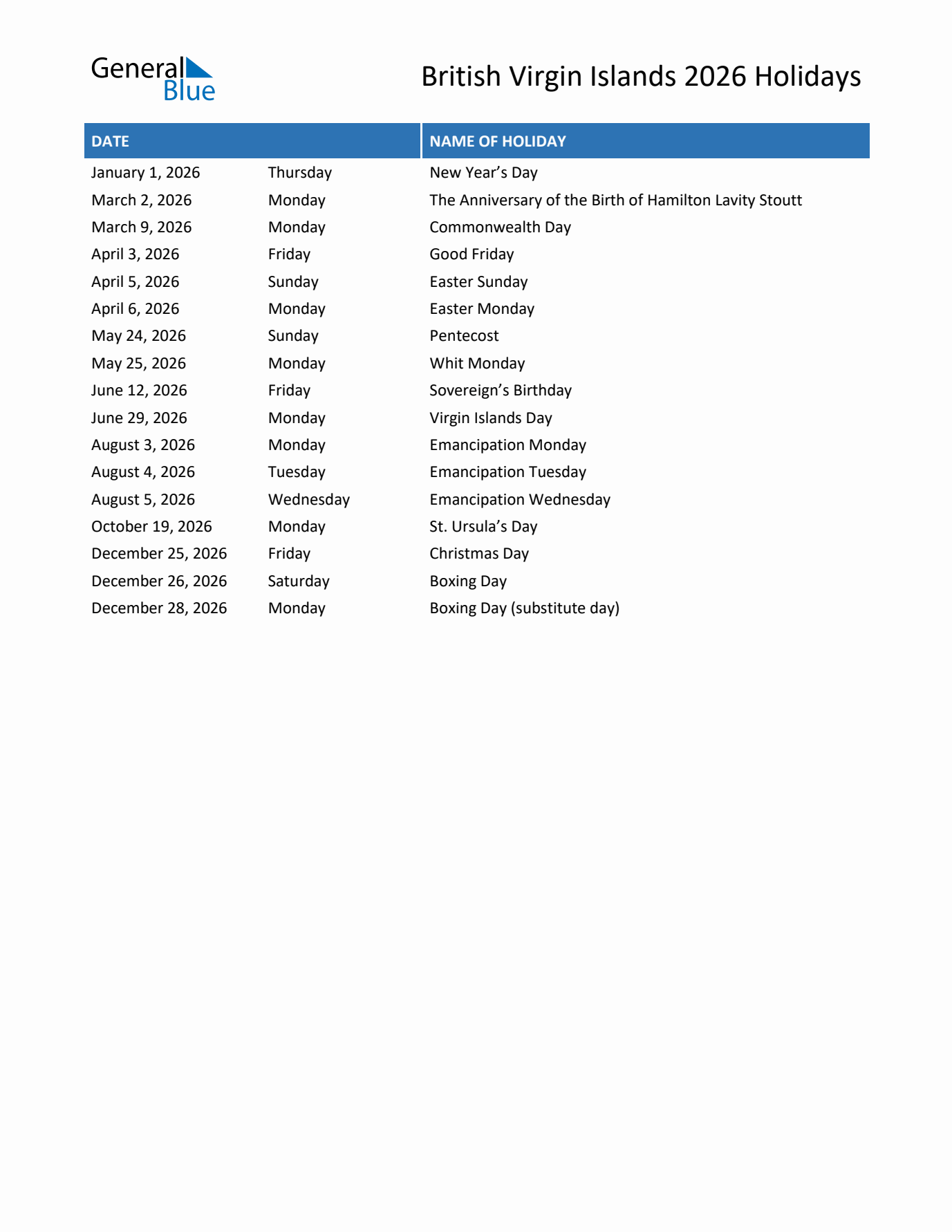 2026 British Virgin Islands List of Holidays in PDF, Word, and Excel