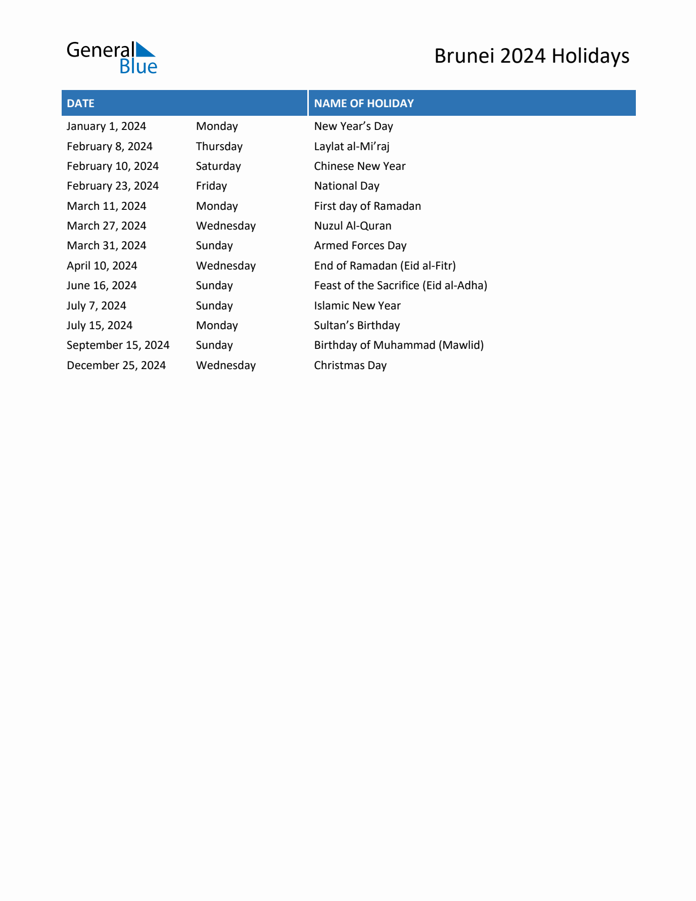 2024 Brunei List of Holidays in PDF, Word, and Excel