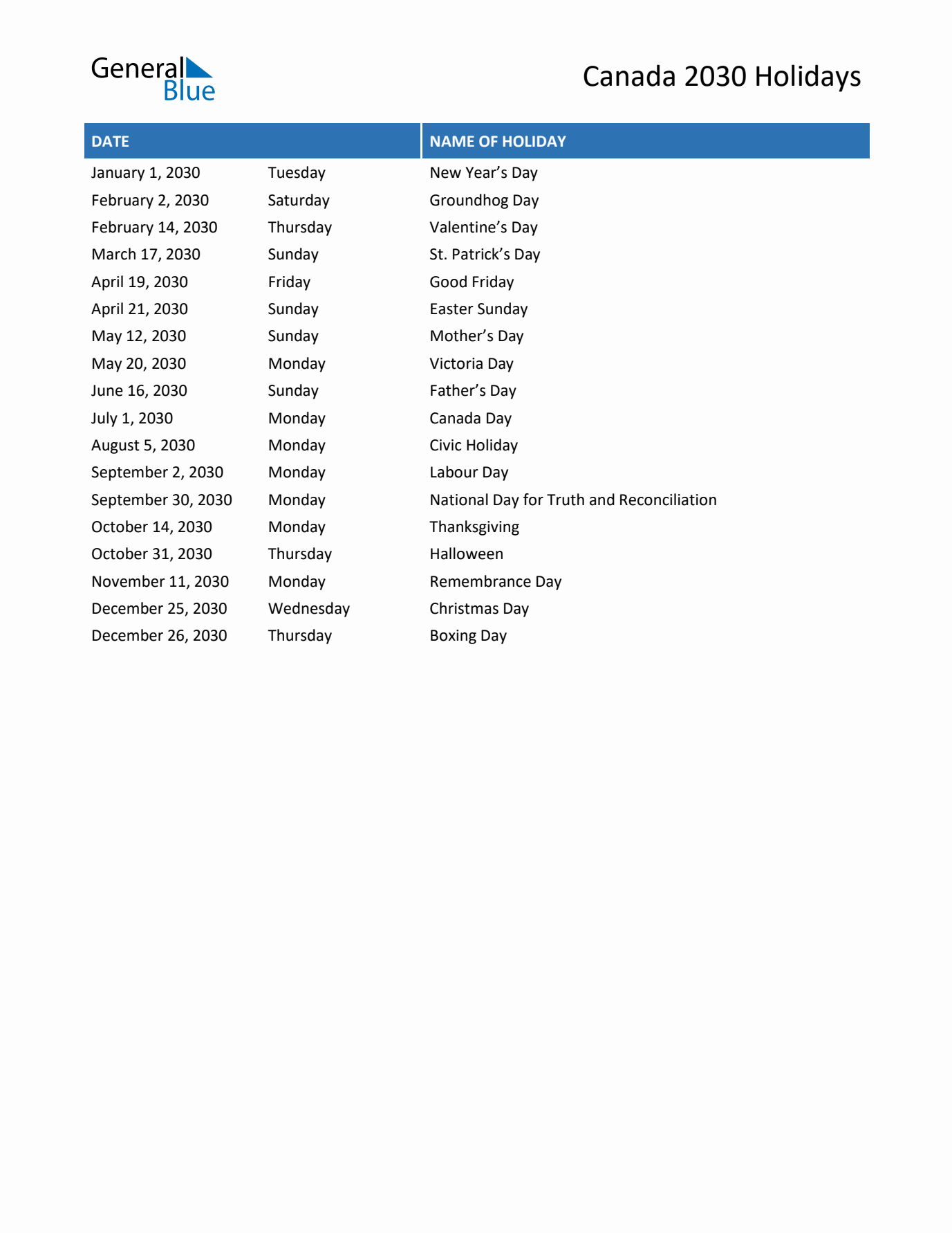 2030 Canada List of Holidays in PDF, Word, and Excel