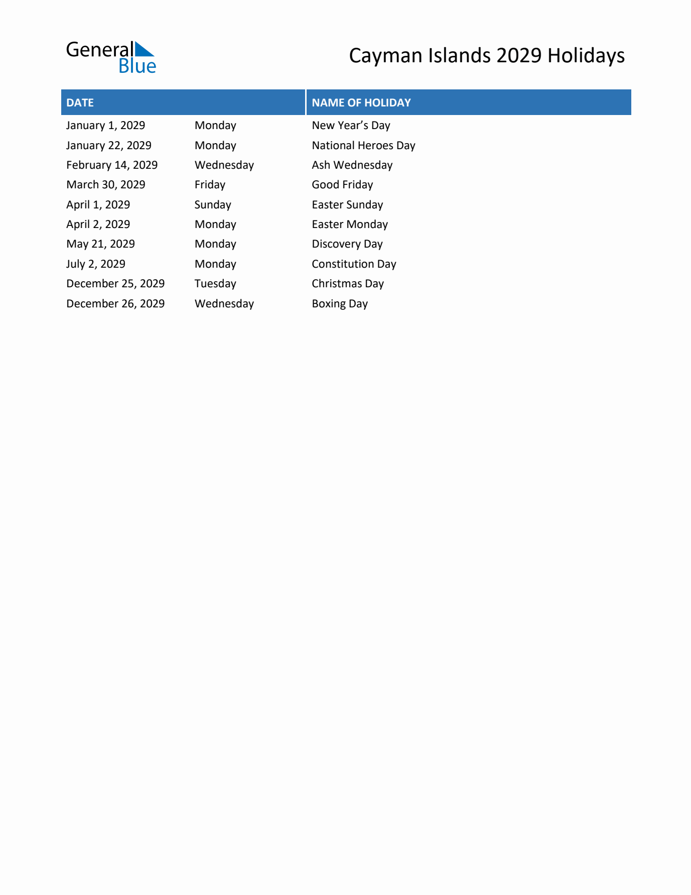 2029 Cayman Islands List of Holidays in PDF, Word, and Excel