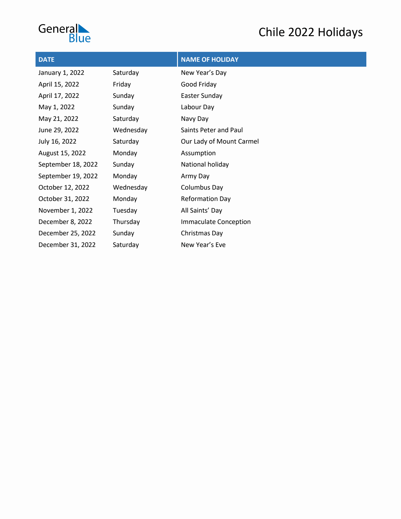 2022 Chile List of Holidays in PDF, Word, and Excel