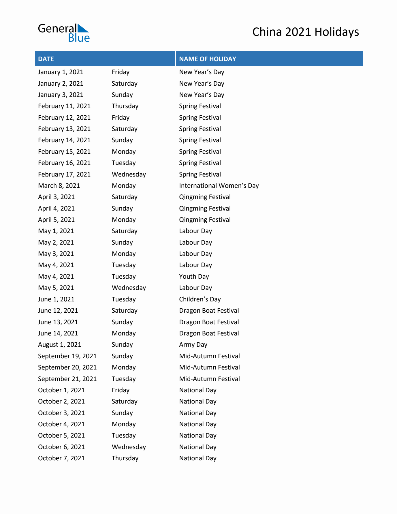 2021 China List of Holidays in PDF, Word, and Excel