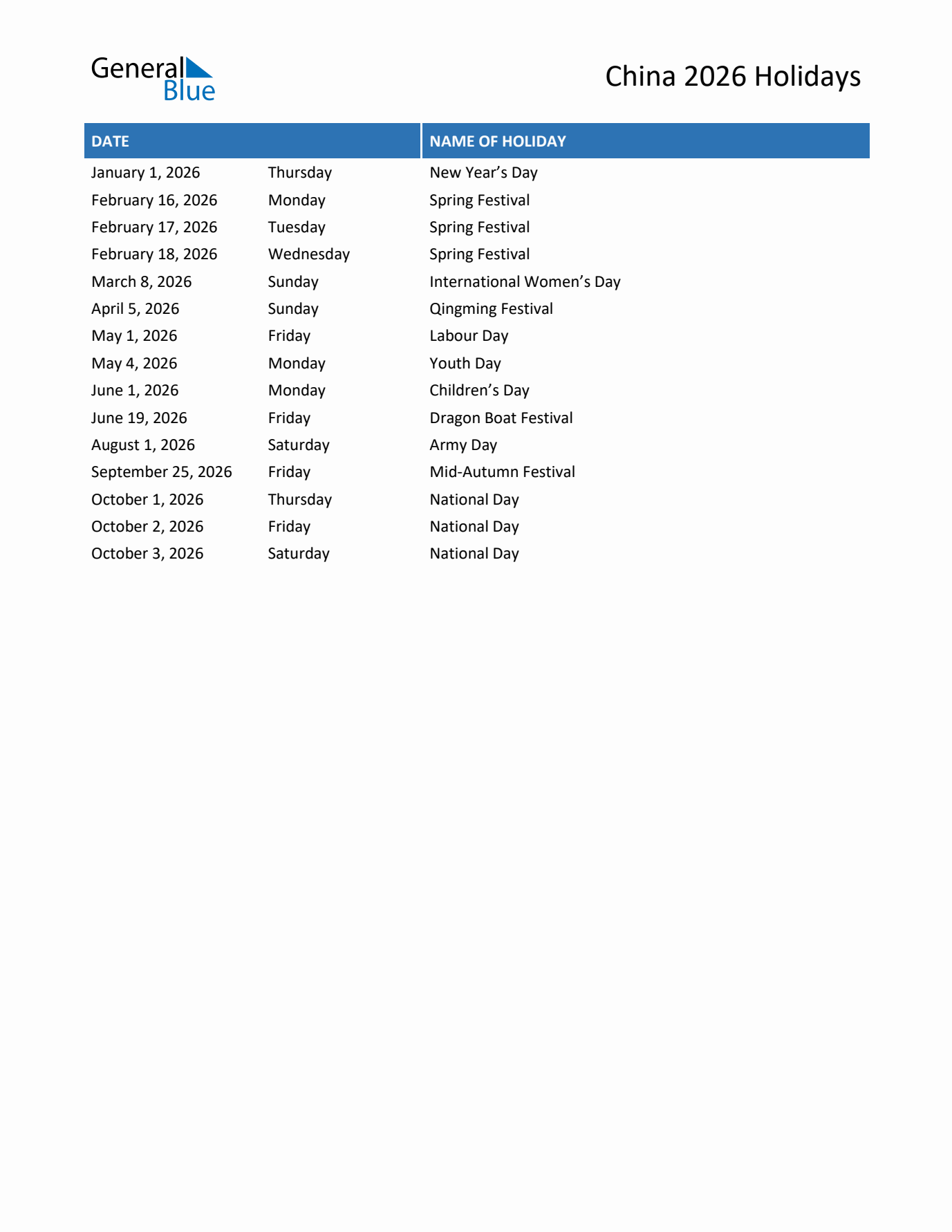 2026 China List of Holidays in PDF, Word, and Excel