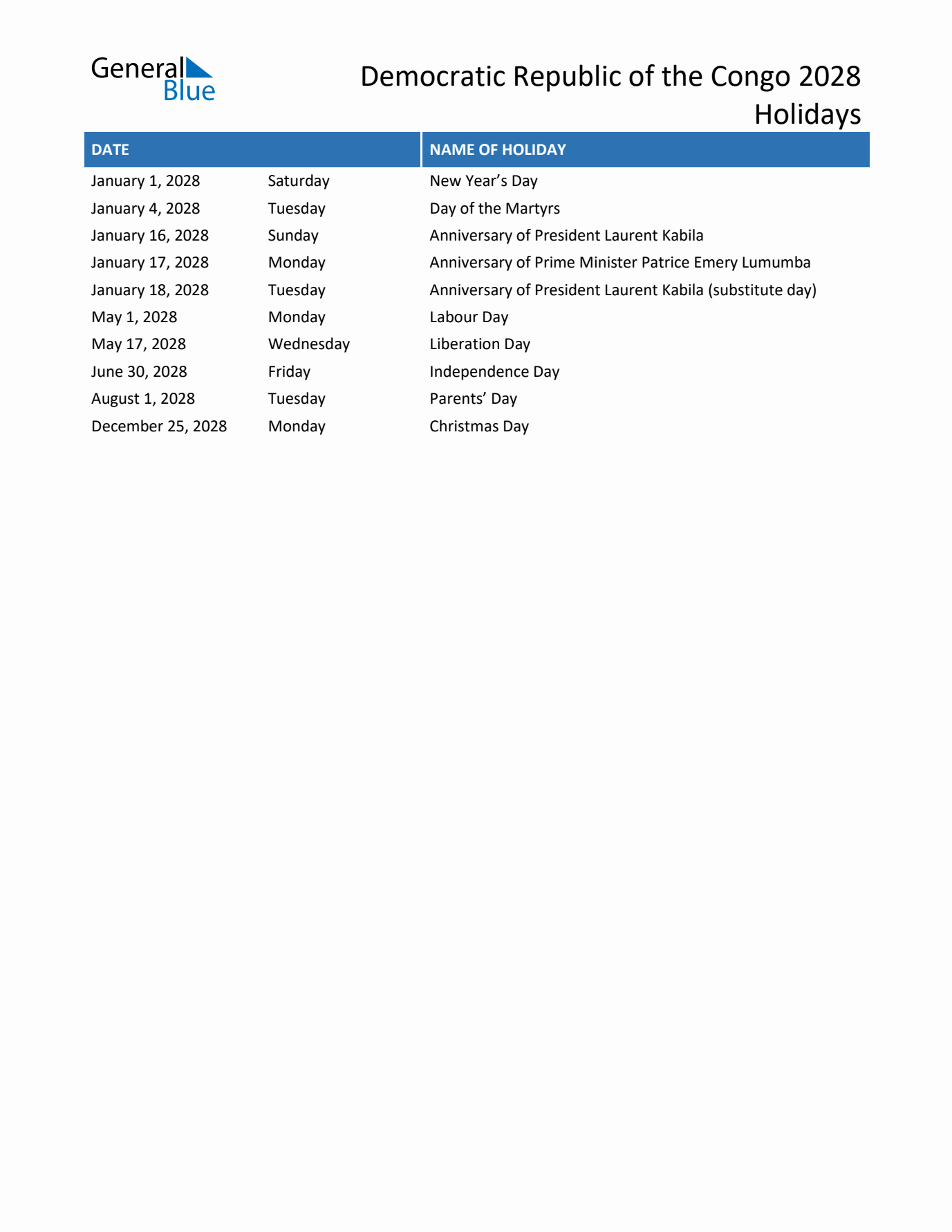 2028 Democratic Republic of the Congo List of Holidays in PDF, Word ...