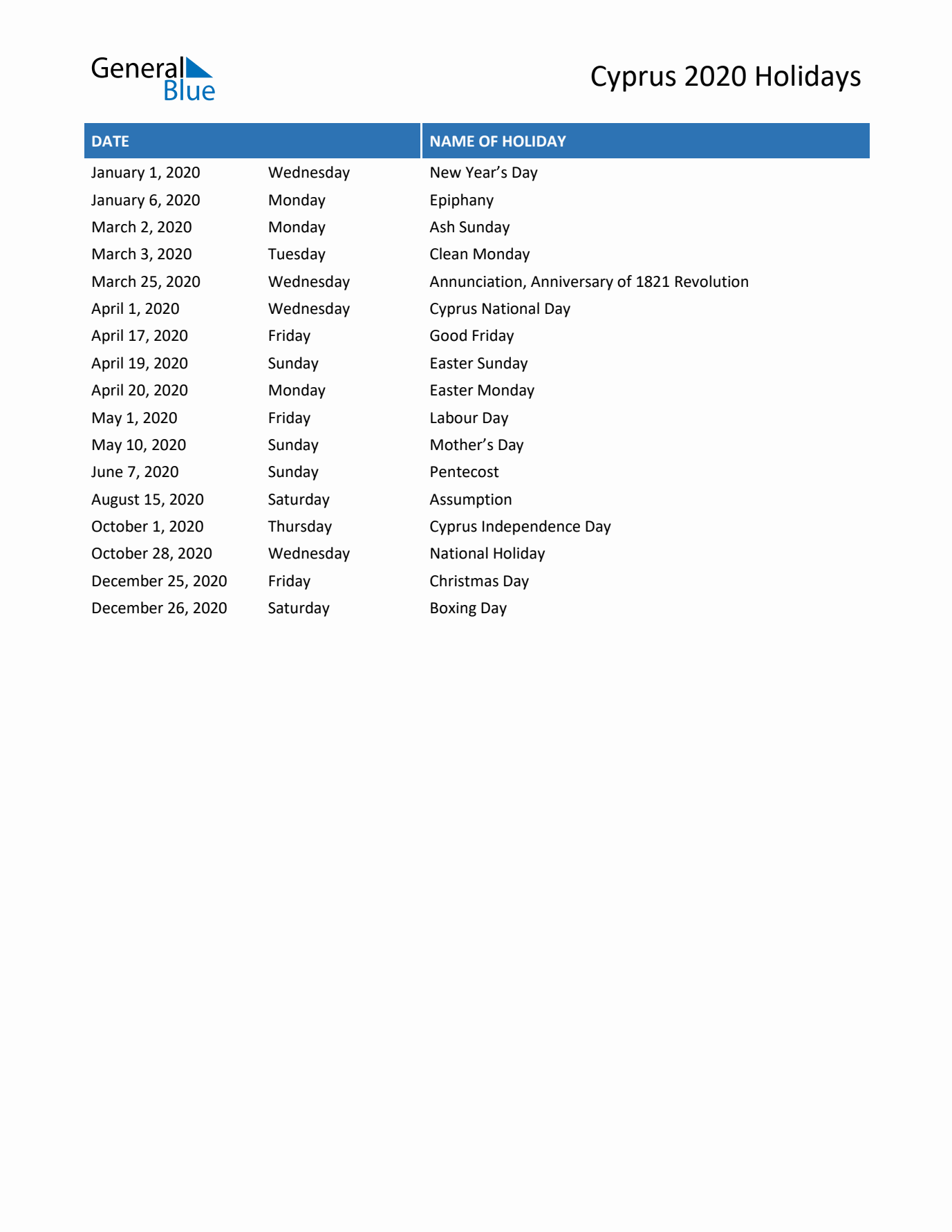 2020 Cyprus List of Holidays in PDF, Word, and Excel