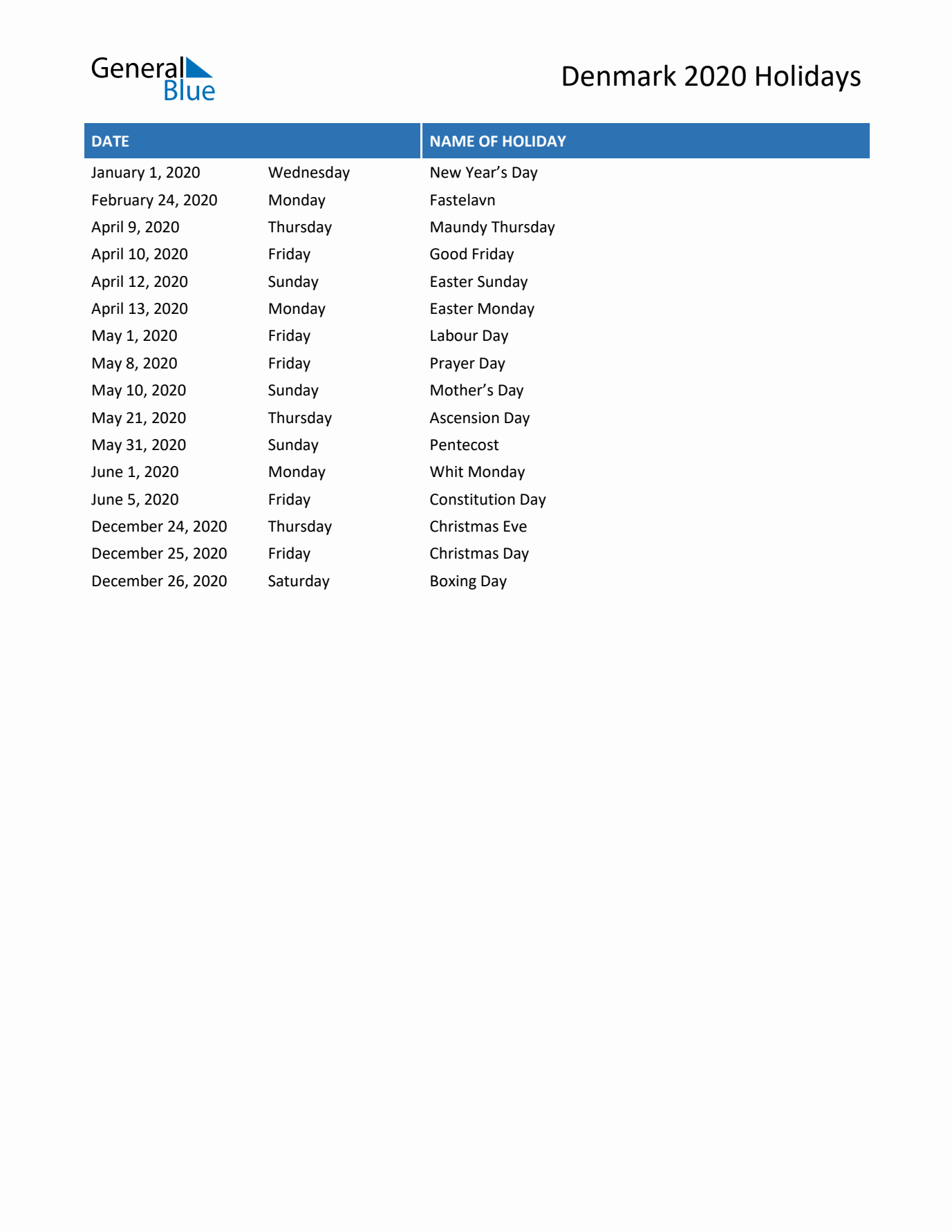 2020 Denmark List of Holidays in PDF, Word, and Excel
