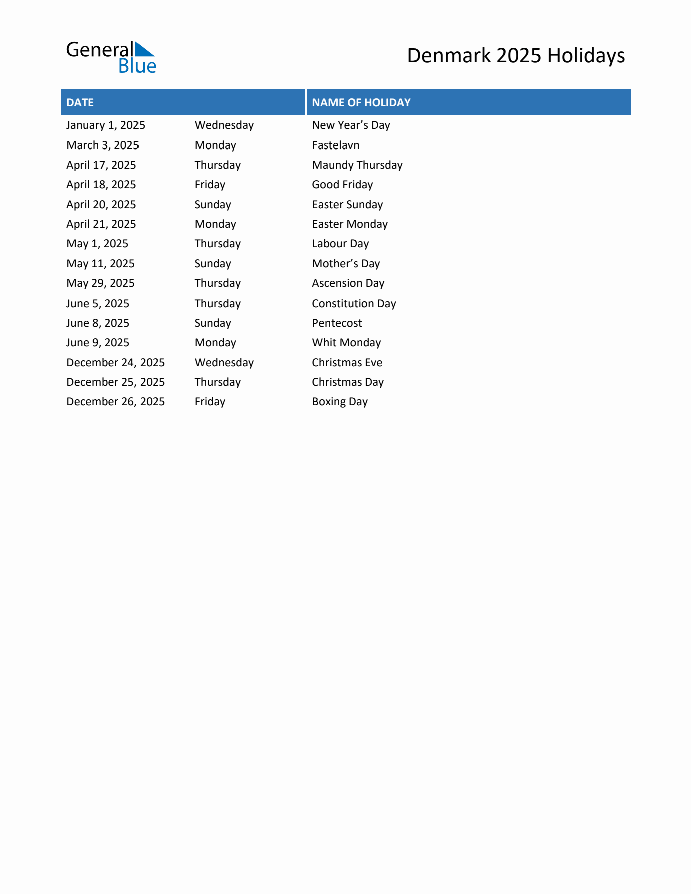 2025 Denmark List of Holidays in PDF, Word, and Excel