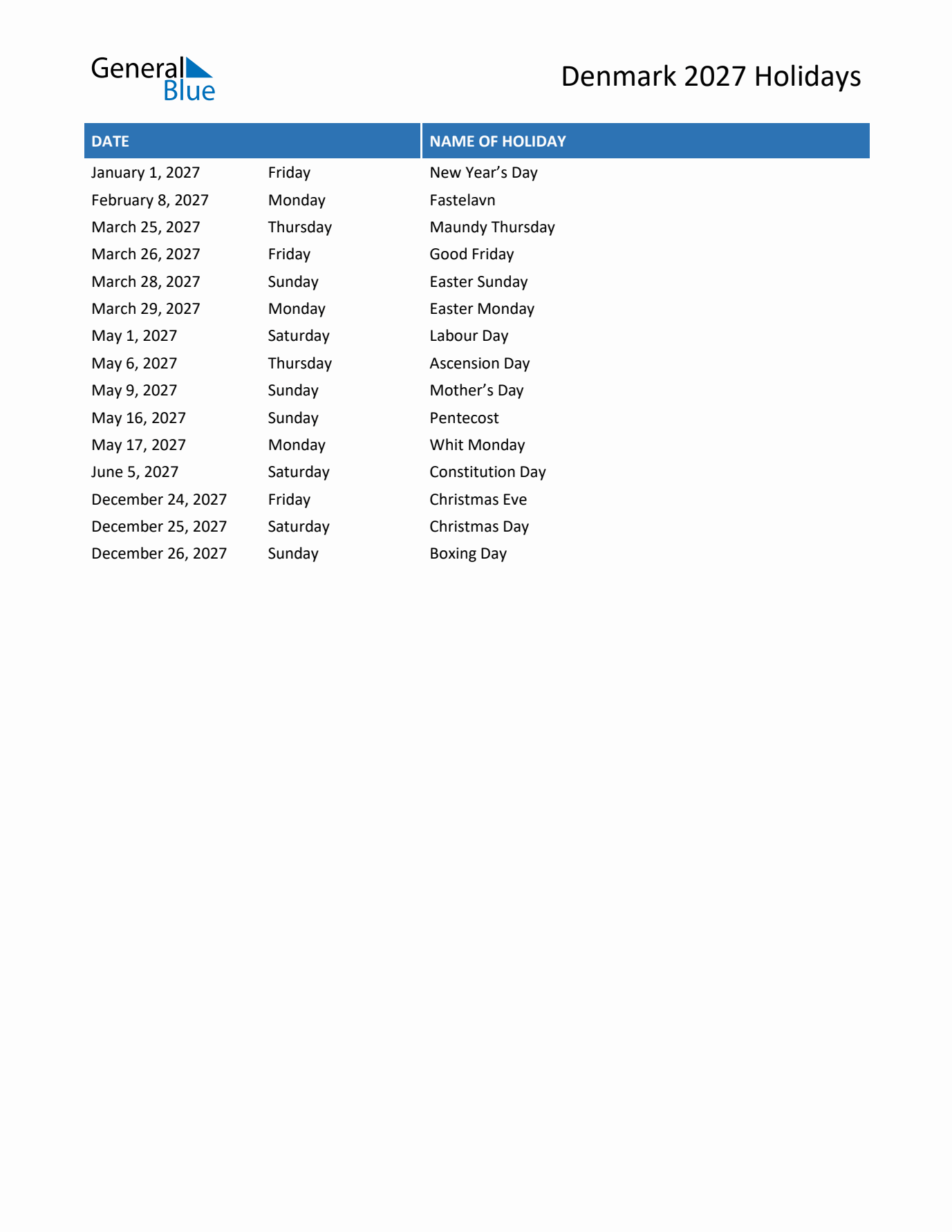2027 Denmark List of Holidays in PDF, Word, and Excel