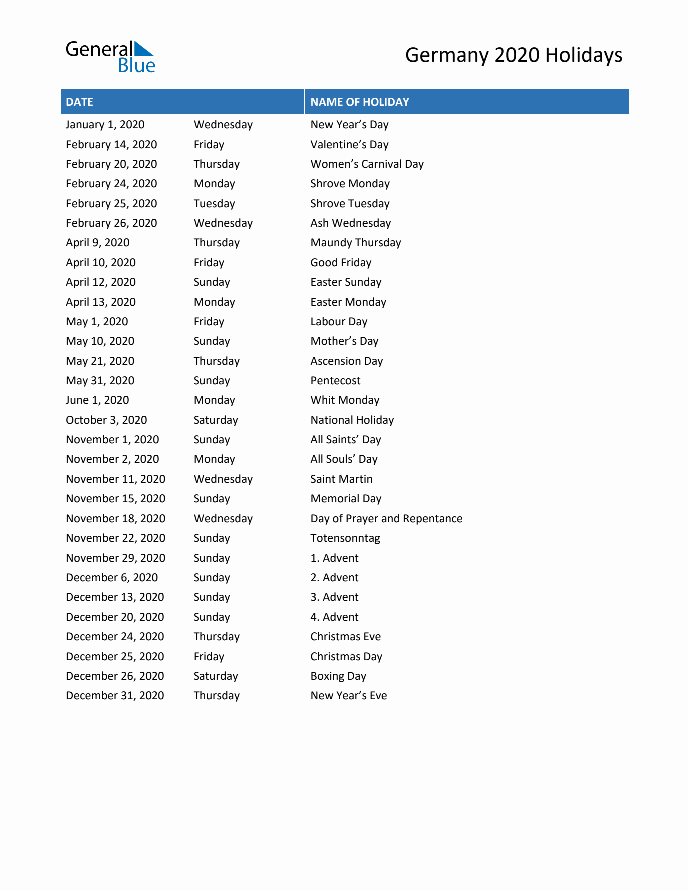 2020 Germany List of Holidays in PDF, Word, and Excel