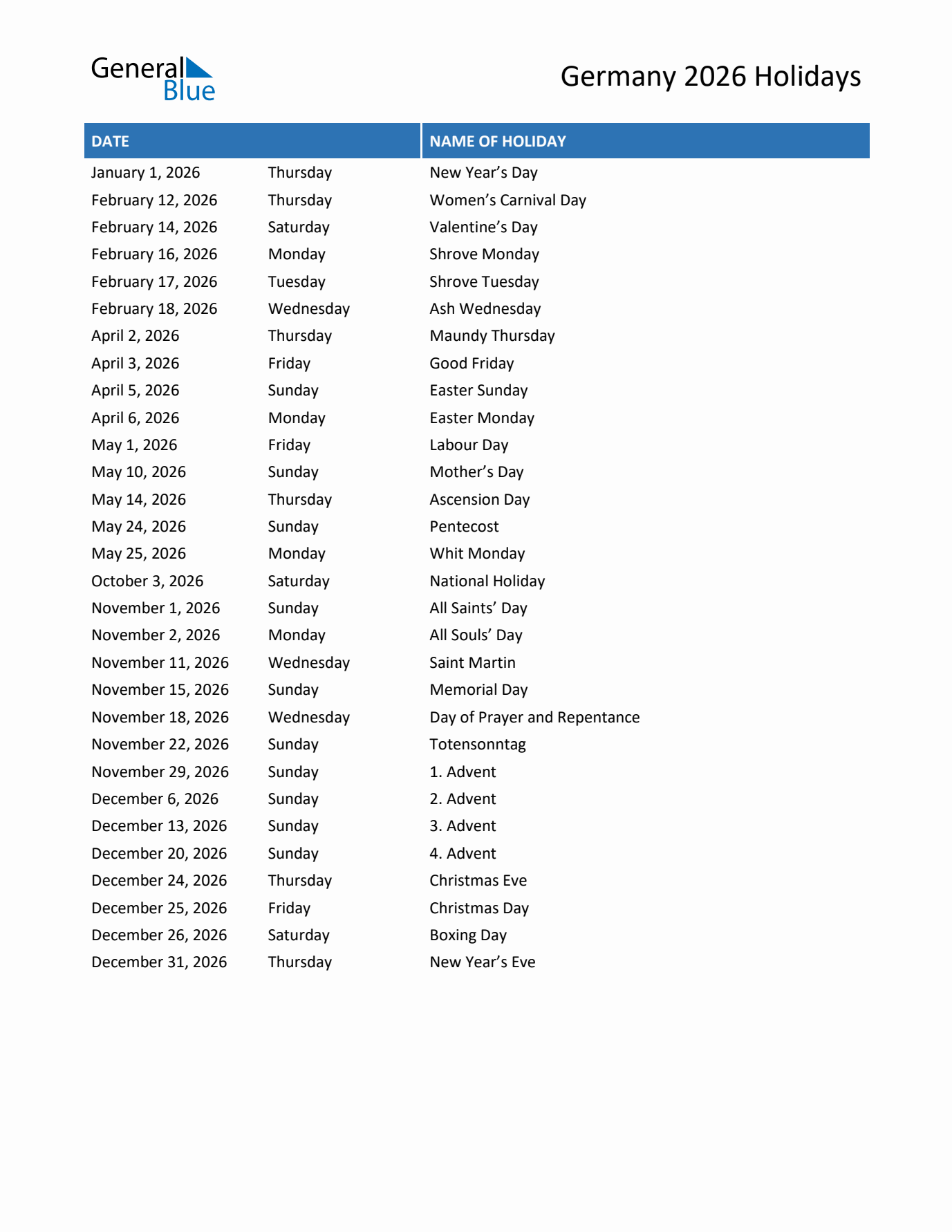 2026 Germany List of Holidays in PDF, Word, and Excel