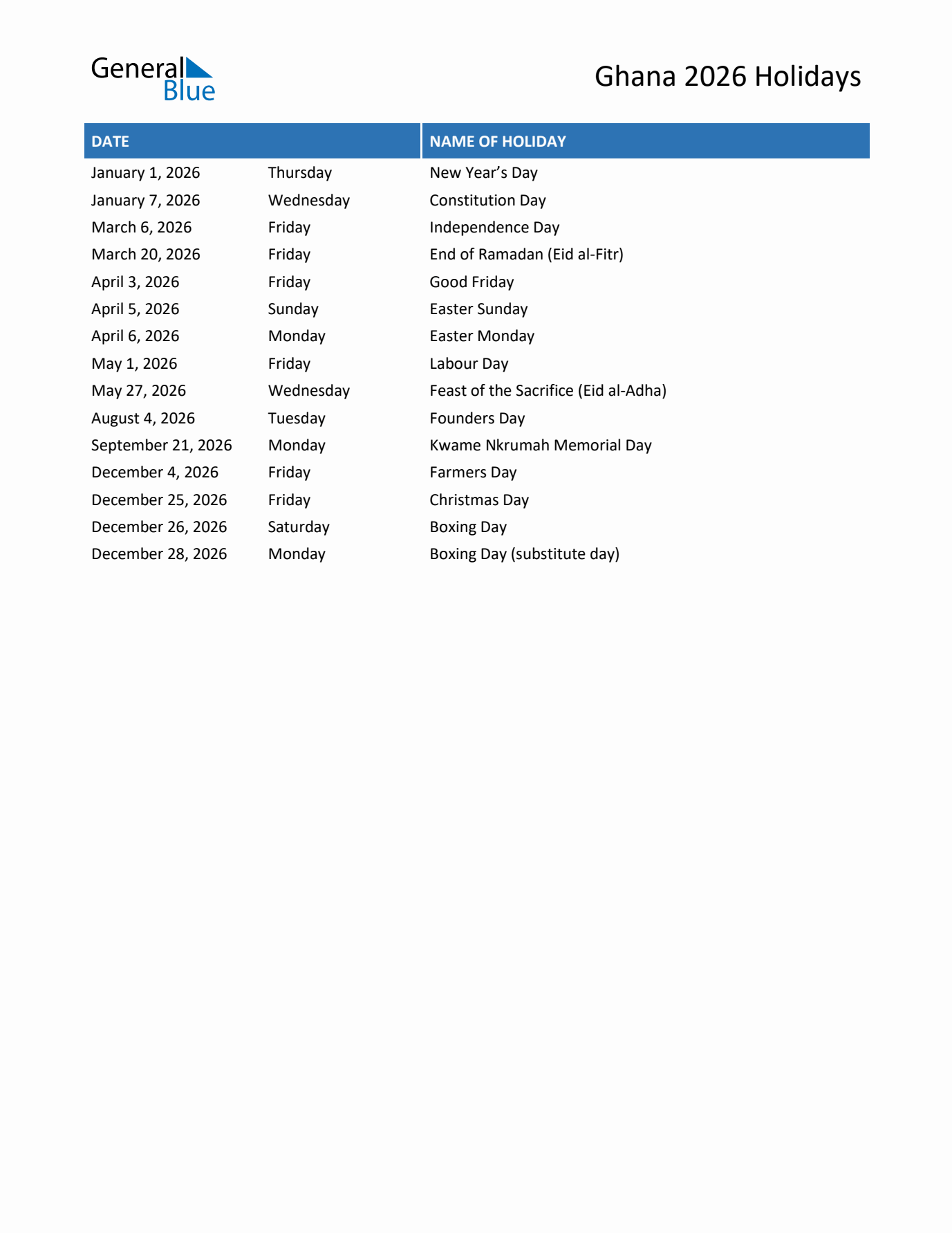 2026 Ghana List of Holidays in PDF, Word, and Excel