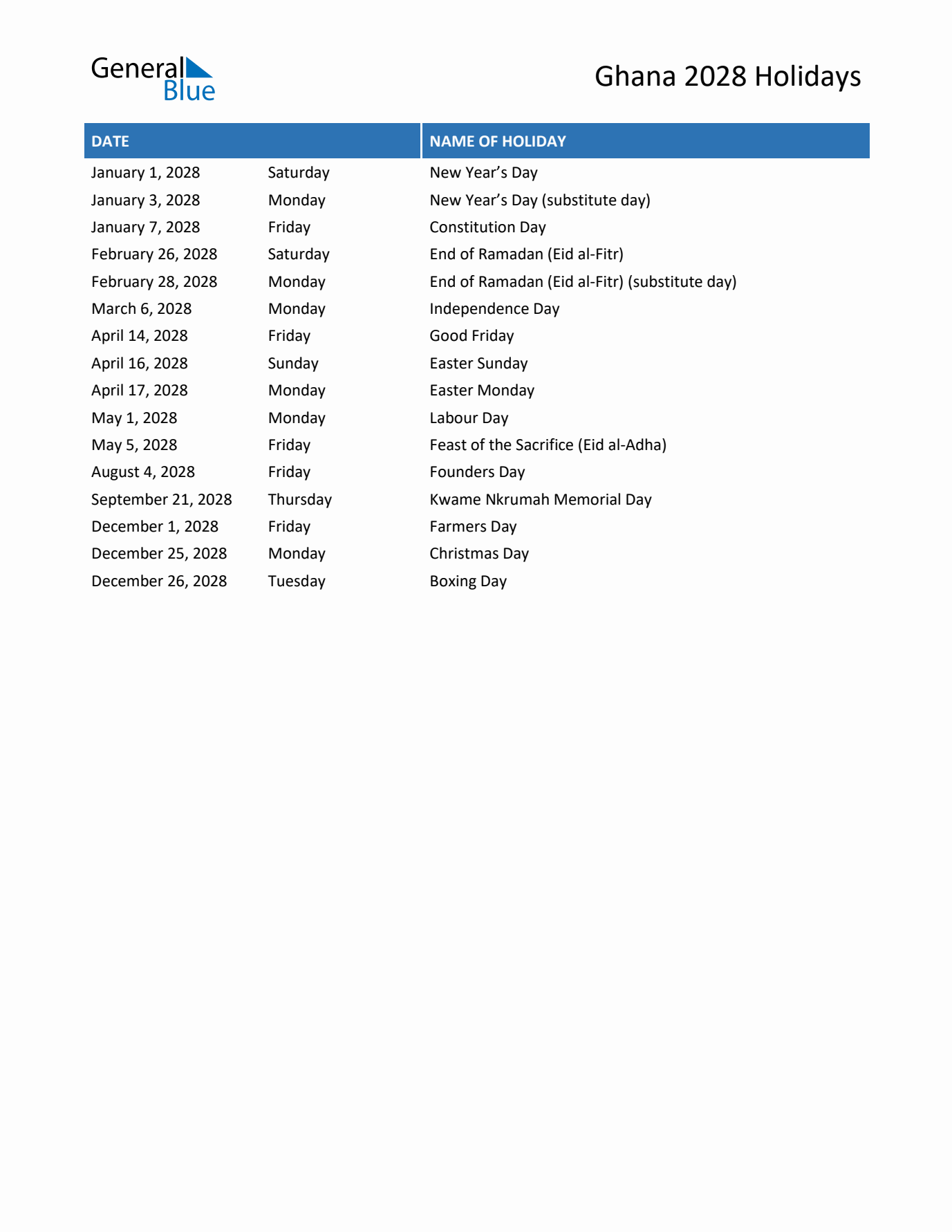 2028 Ghana List of Holidays in PDF, Word, and Excel