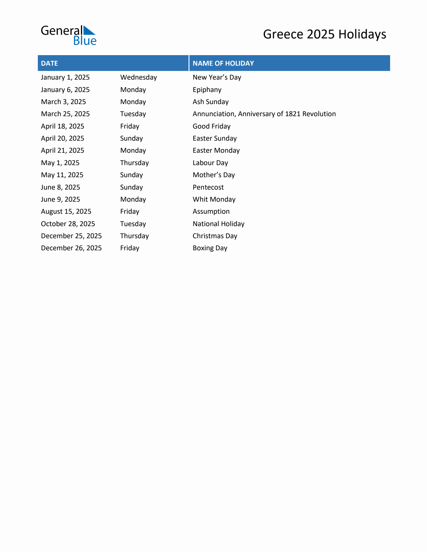2025 Greece List of Holidays in PDF, Word, and Excel