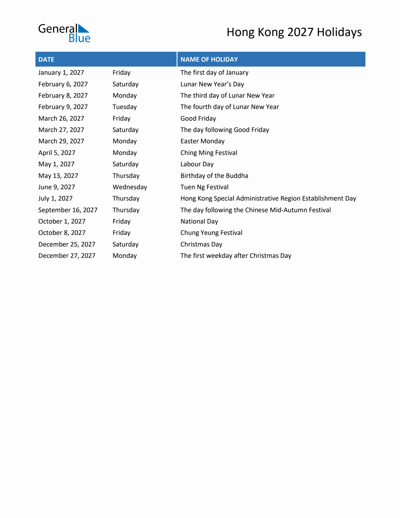 2027 Hong Kong List of Holidays in PDF, Word, and Excel