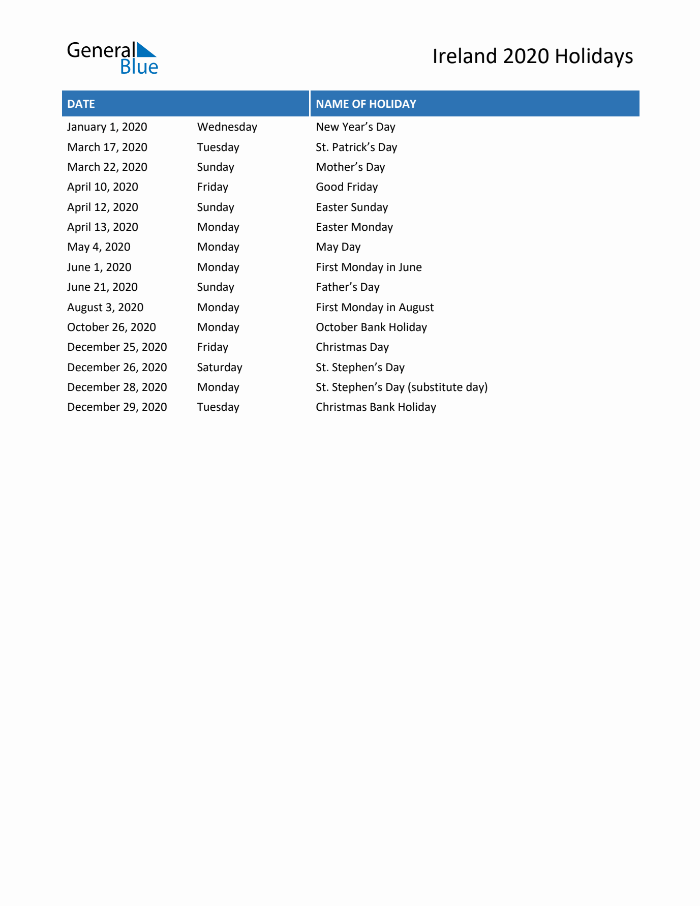 2020 Ireland List of Holidays in PDF, Word, and Excel