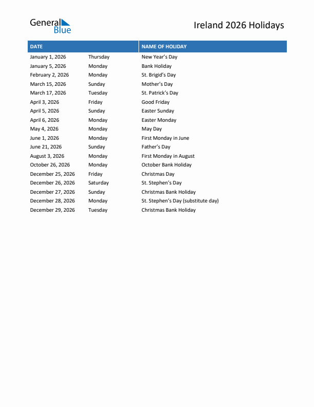 2026 Ireland List Of Holidays In PDF Word And Excel