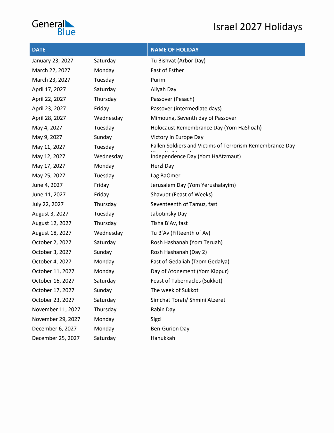 2027 Israel List of Holidays in PDF, Word, and Excel
