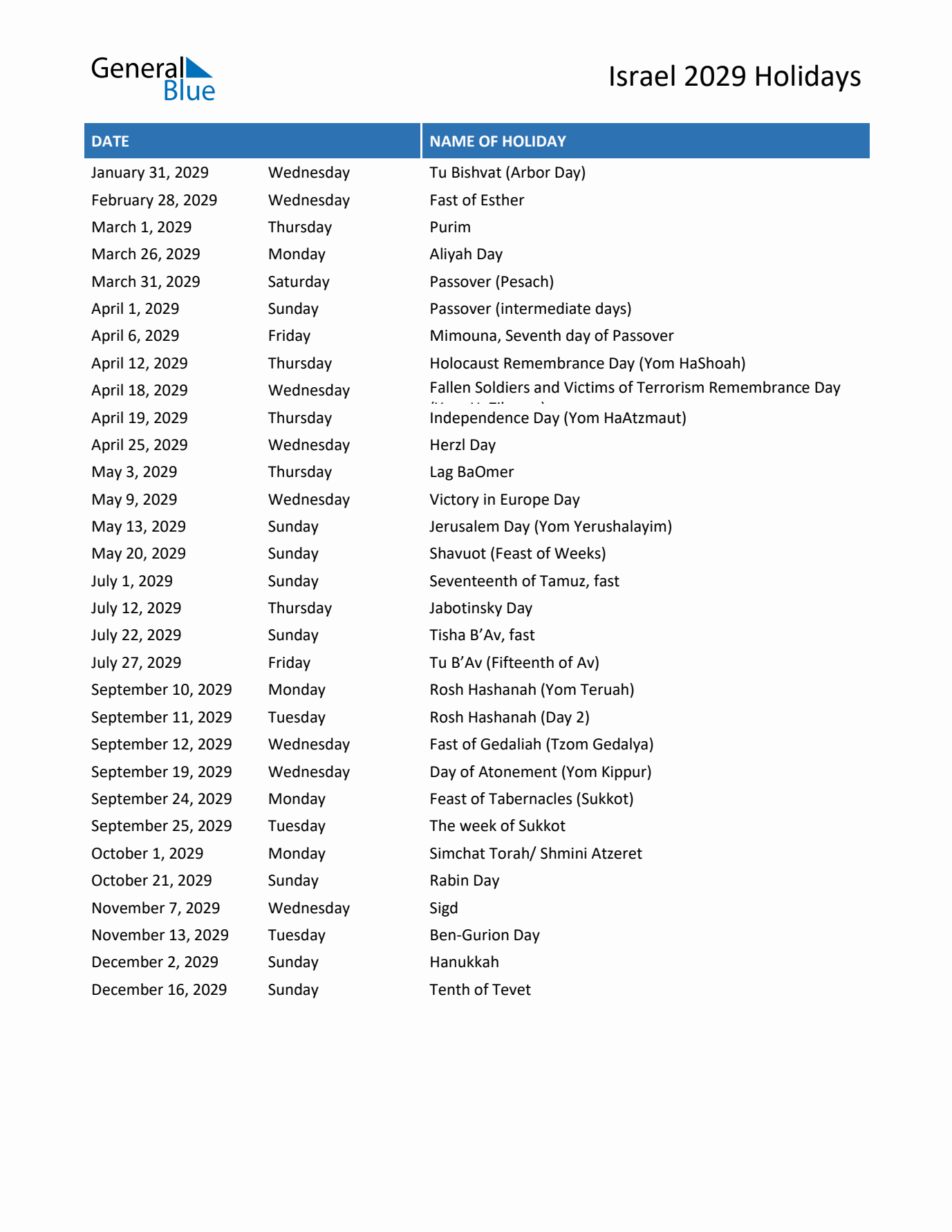 2029 Israel List of Holidays in PDF, Word, and Excel