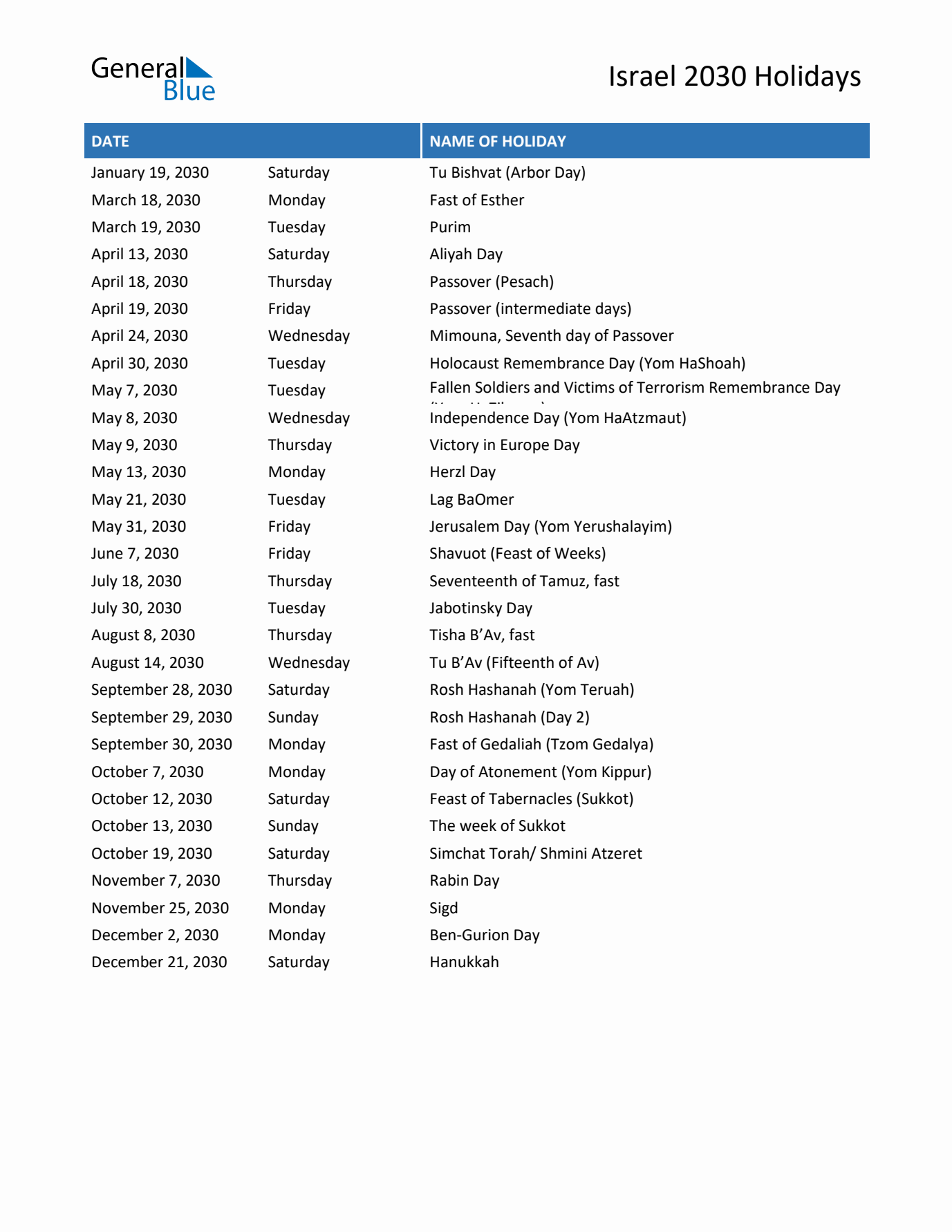2030 Israel List of Holidays in PDF, Word, and Excel