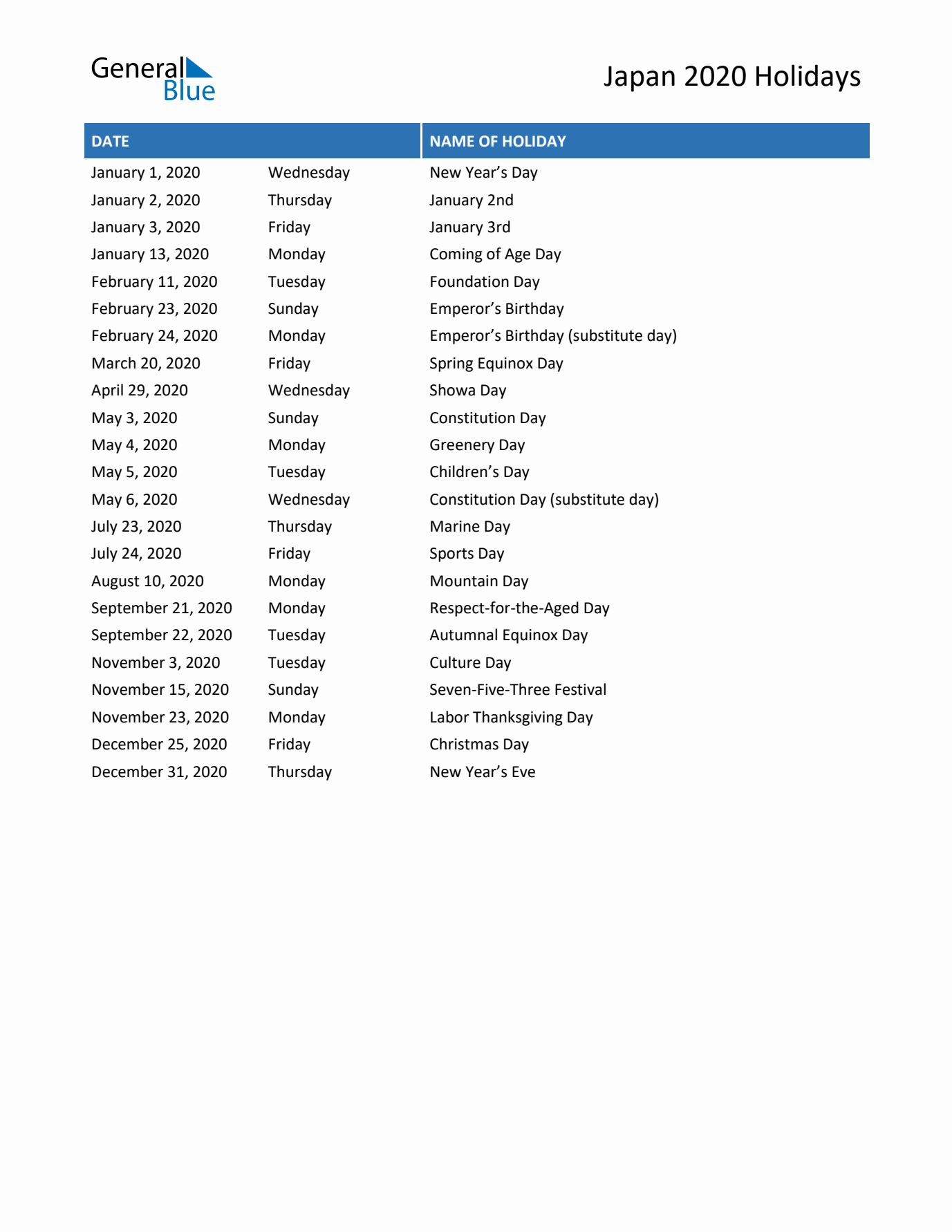 2020 Japan List of Holidays in PDF, Word, and Excel