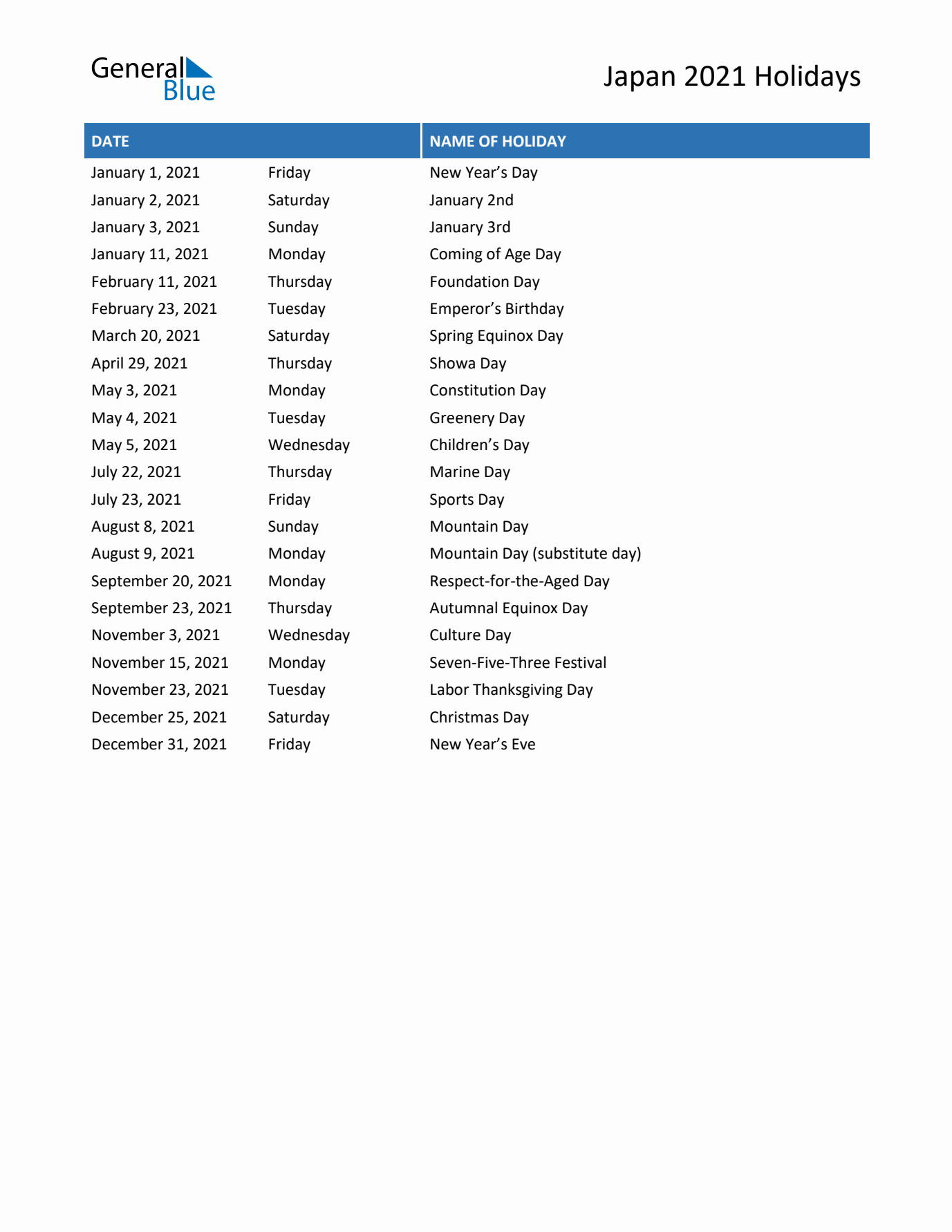 2021 Japan List of Holidays in PDF, Word, and Excel