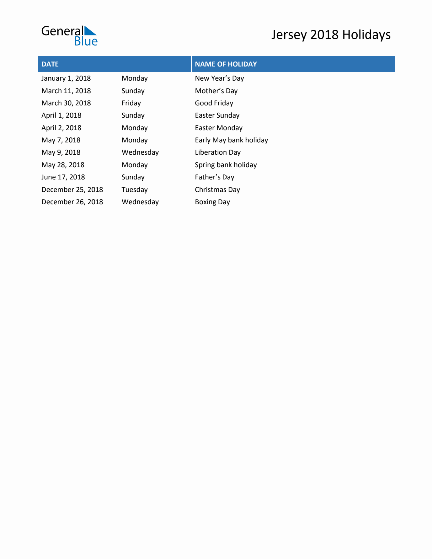 2018 Jersey List of Holidays in PDF, Word, and Excel