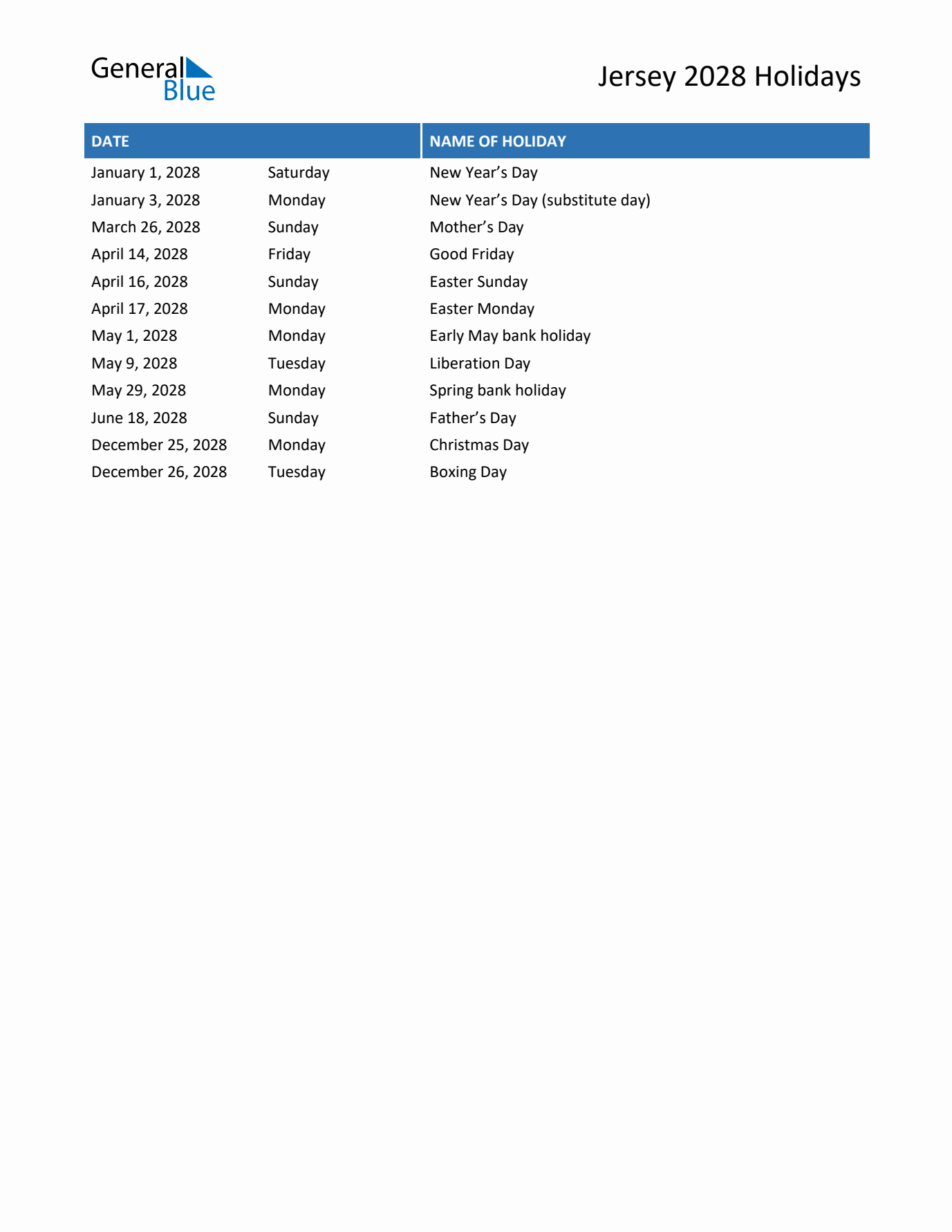 2028 Jersey List of Holidays in PDF, Word, and Excel