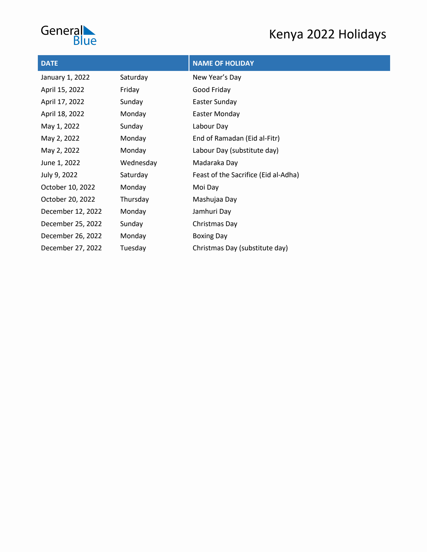 2022 Kenya List of Holidays in PDF, Word, and Excel