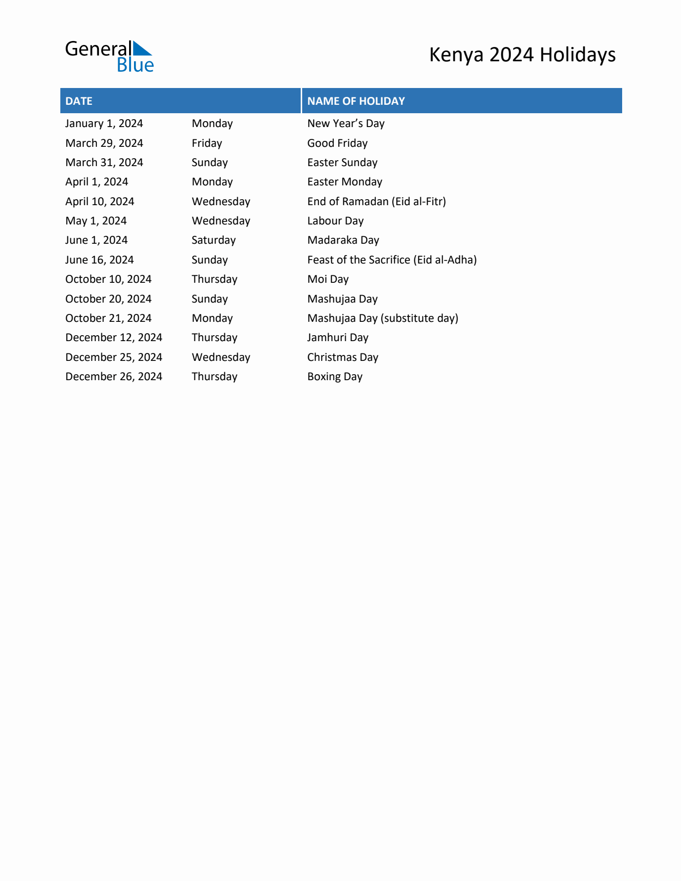 2024 Kenya List of Holidays in PDF, Word, and Excel