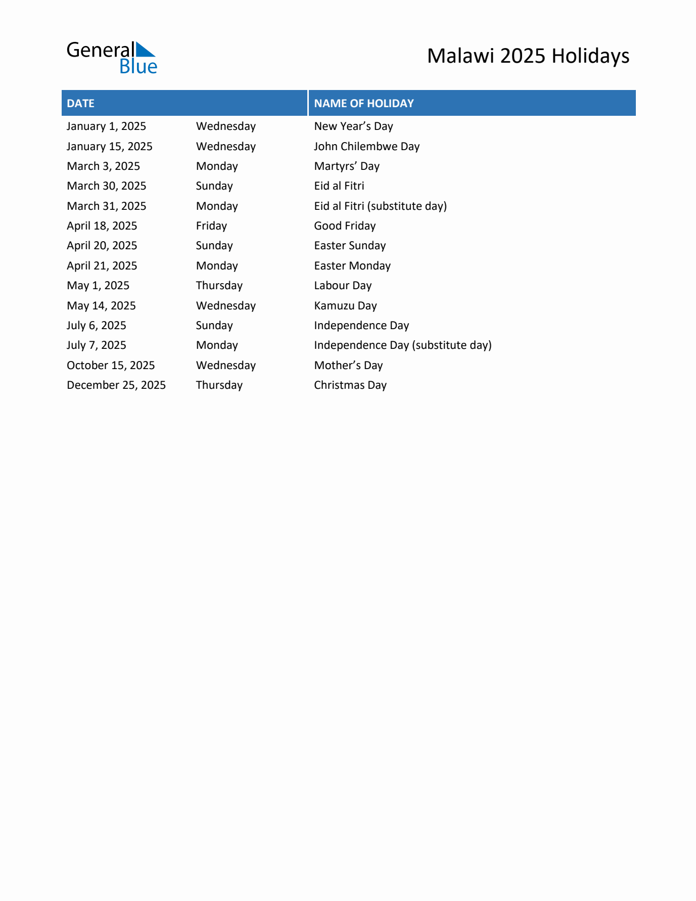 2025 Malawi List of Holidays in PDF, Word, and Excel