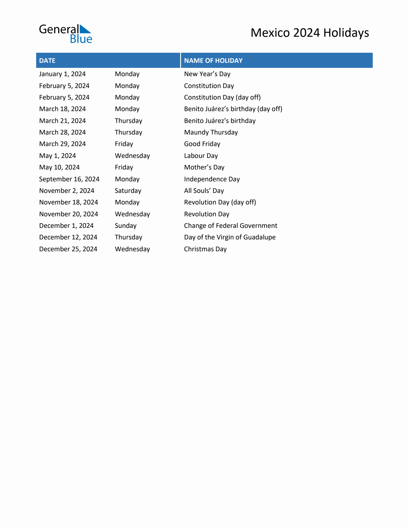 2024 Mexico List of Holidays in PDF, Word, and Excel