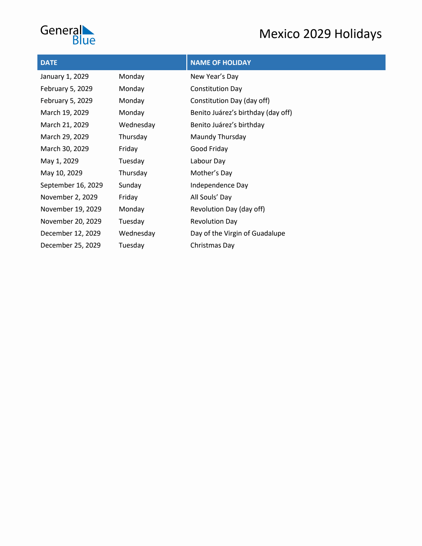 2029 Mexico List of Holidays in PDF, Word, and Excel
