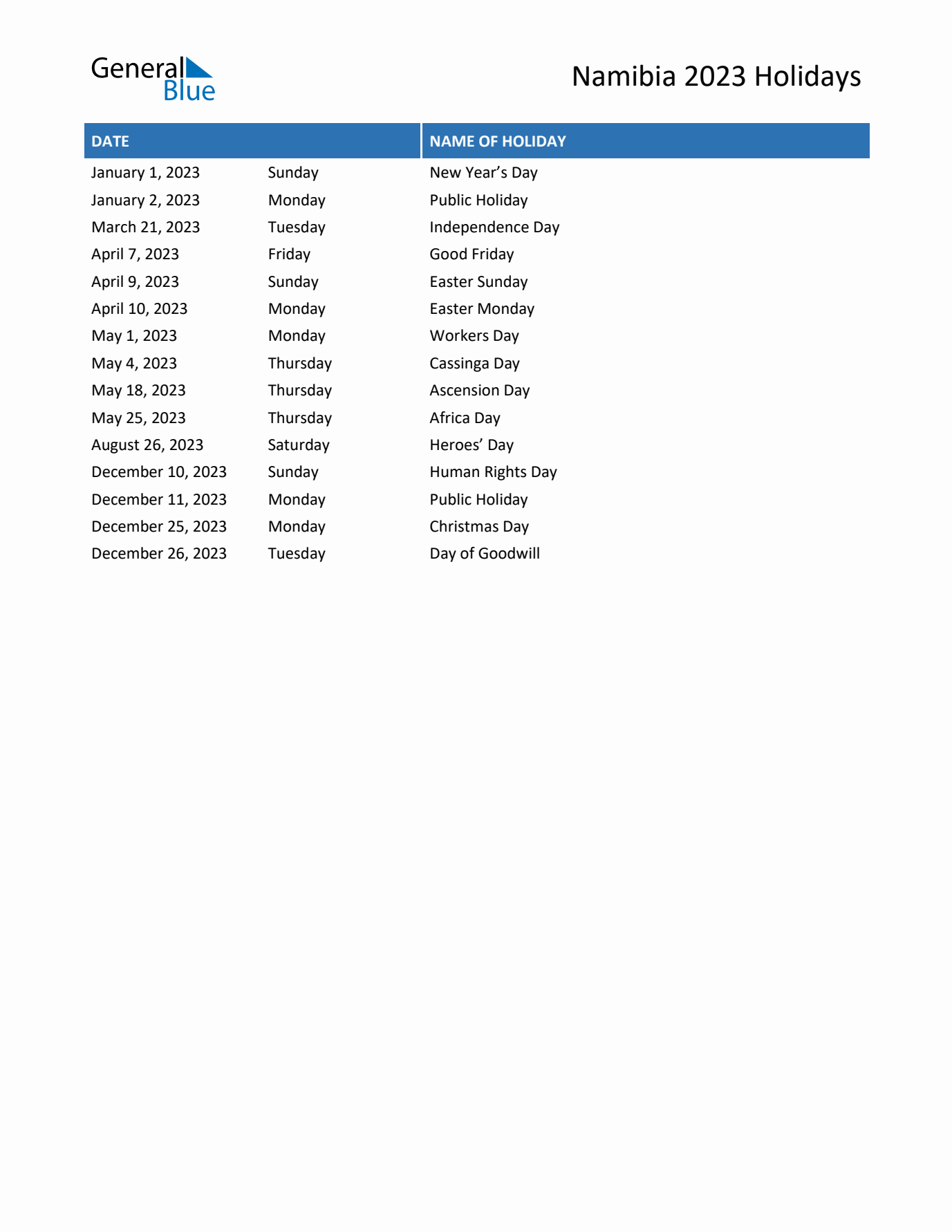 2023 Namibia List of Holidays in PDF, Word, and Excel