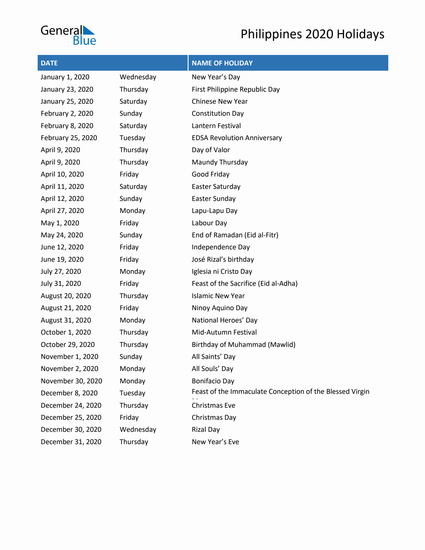 2020 Philippines List of Holidays in PDF, Word, and Excel