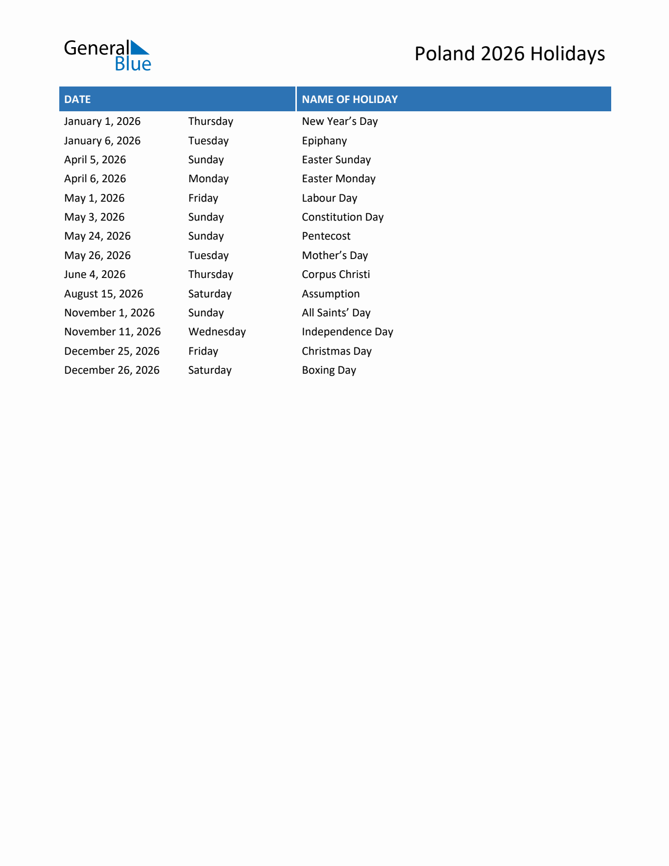 2026 Poland List of Holidays in PDF, Word, and Excel