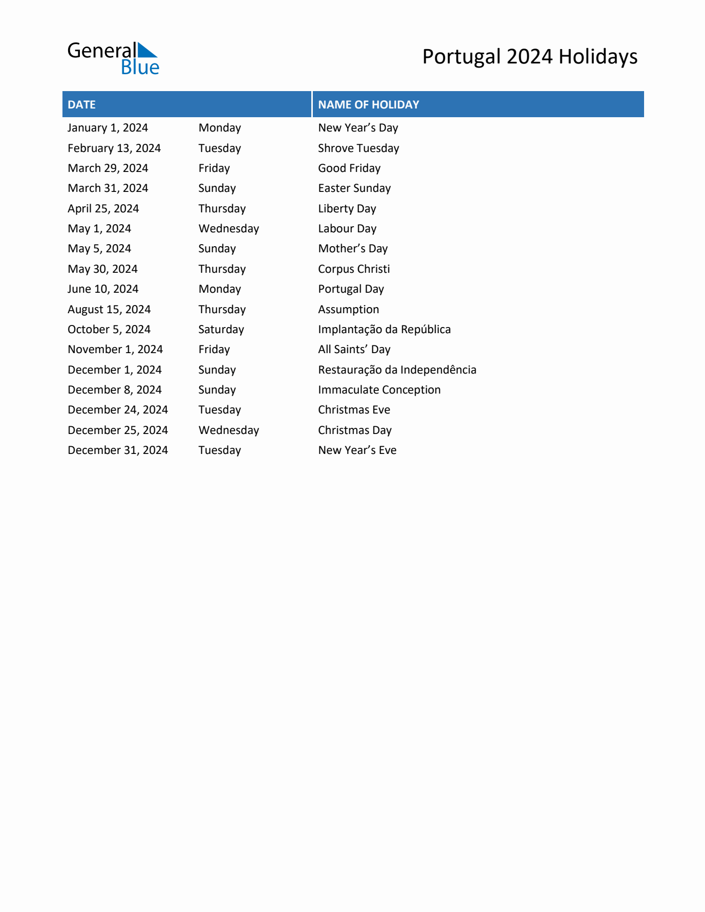 2024 Portugal List of Holidays in PDF, Word, and Excel