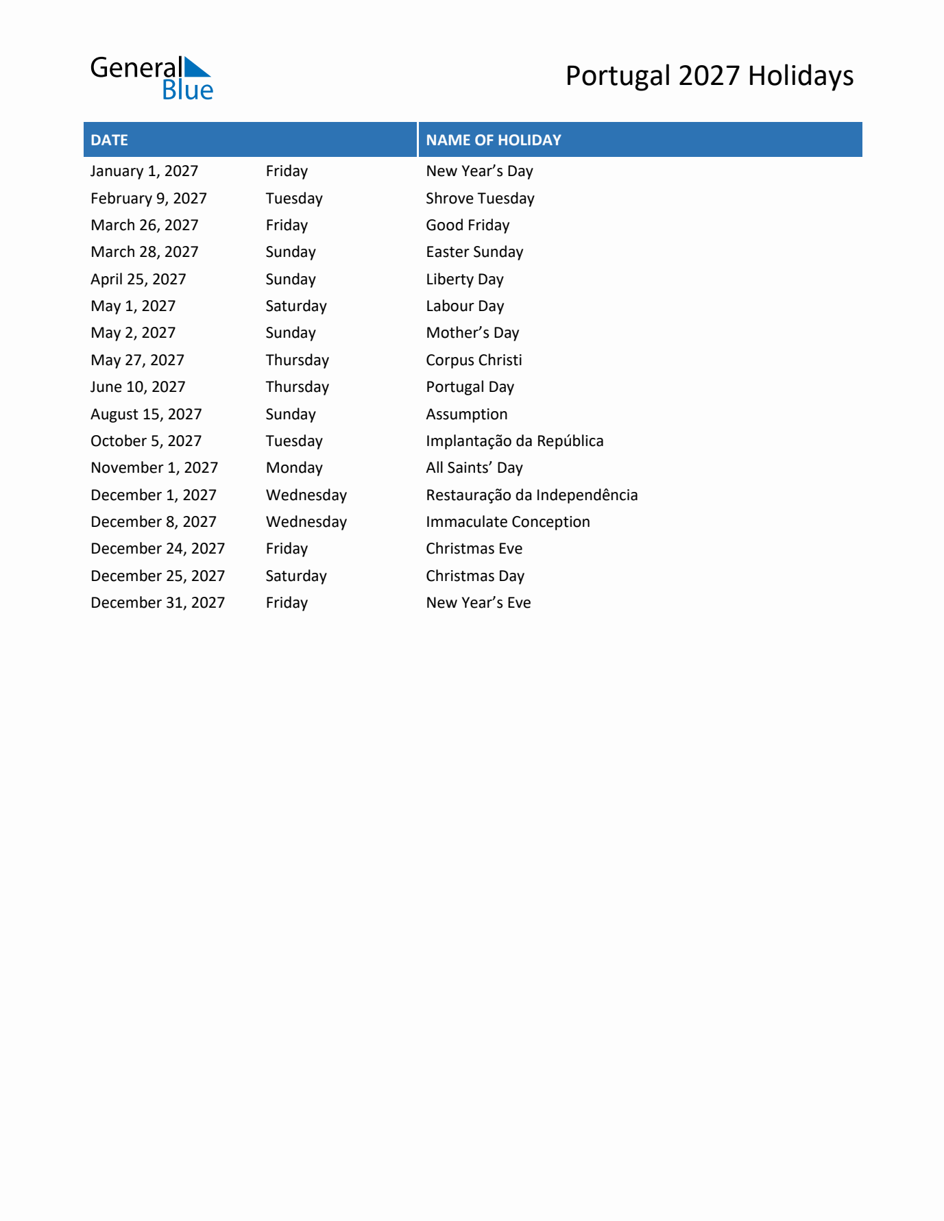 2027 Portugal List of Holidays in PDF, Word, and Excel