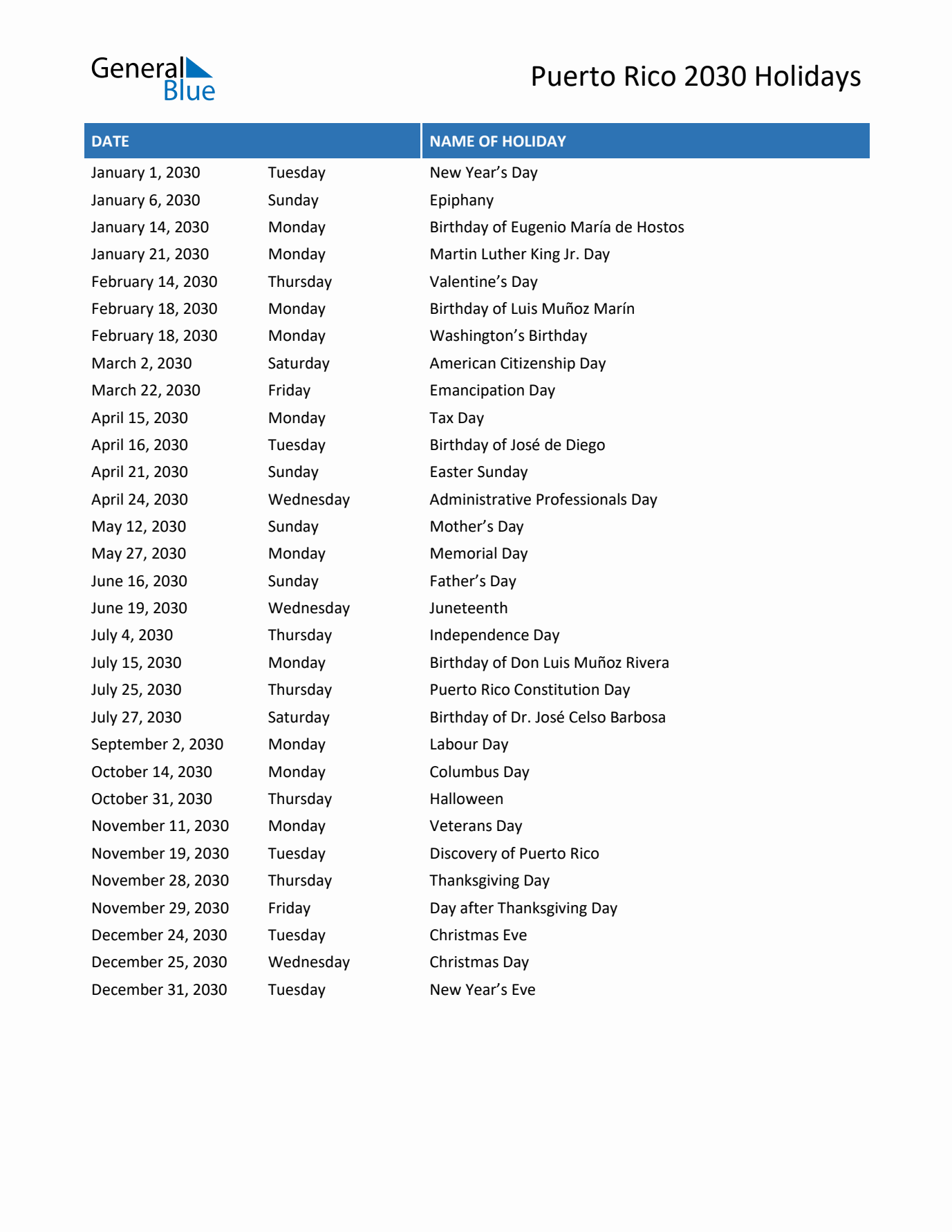 2030 Puerto Rico List of Holidays in PDF, Word, and Excel