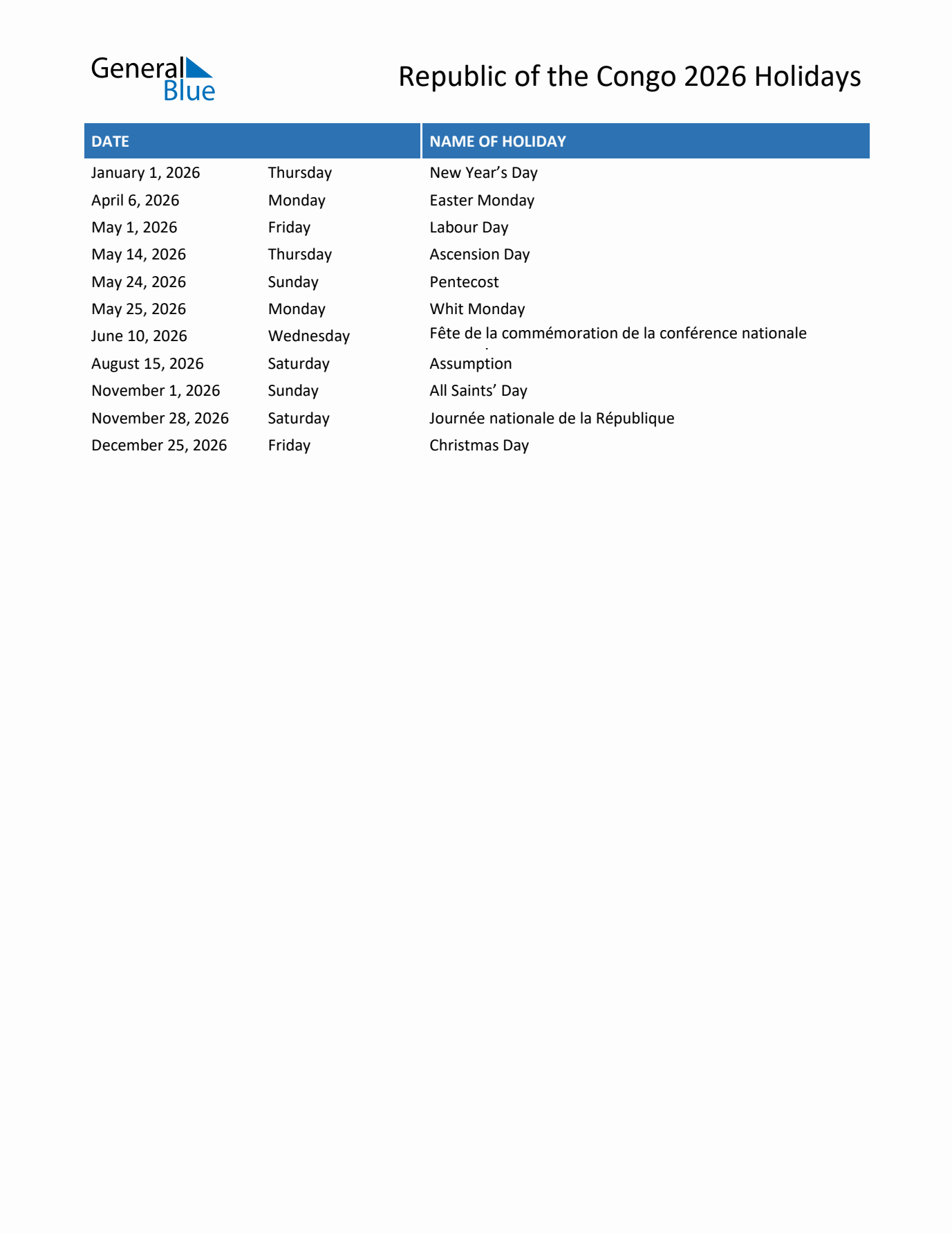 2026 Republic of the Congo List of Holidays in PDF, Word, and Excel