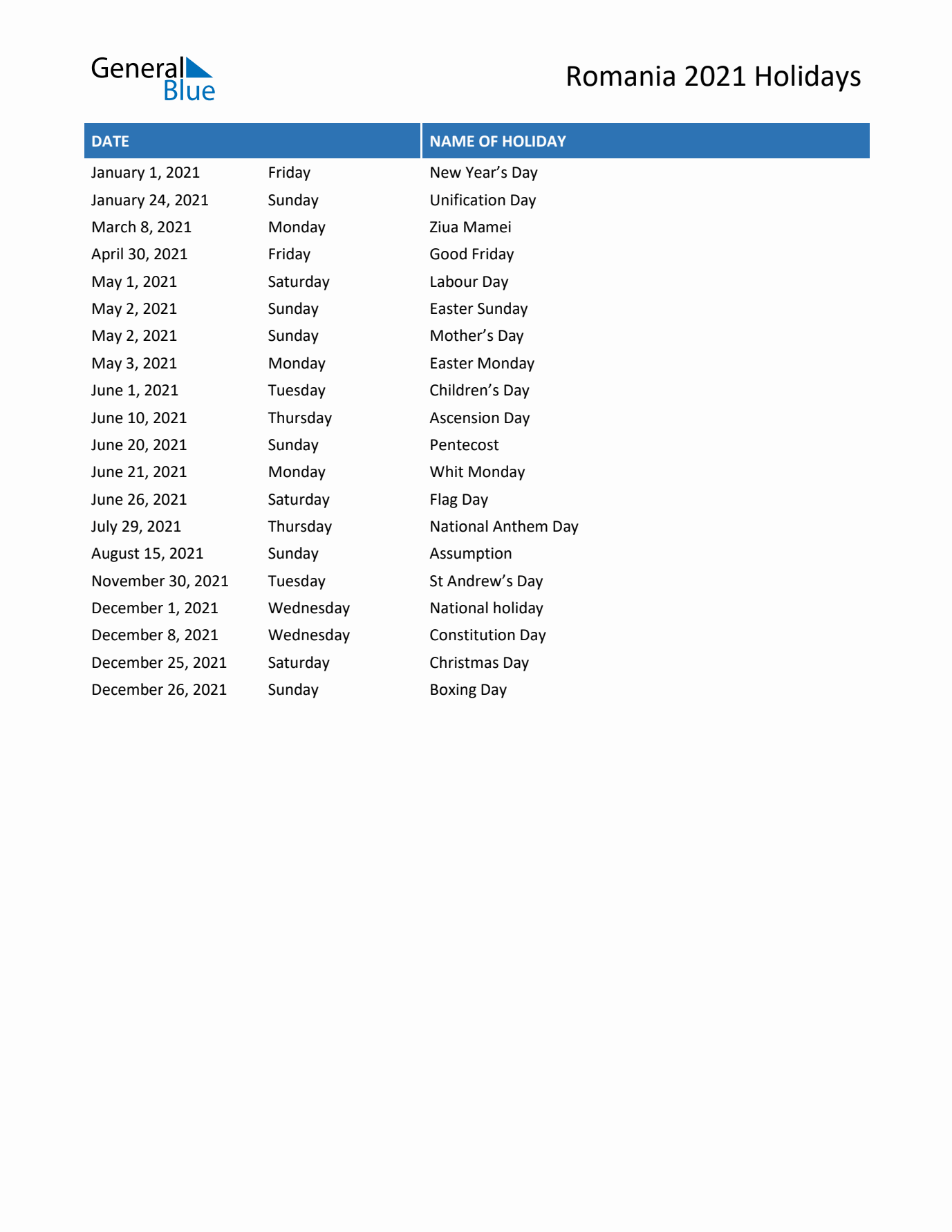 2021 Romania List of Holidays in PDF, Word, and Excel
