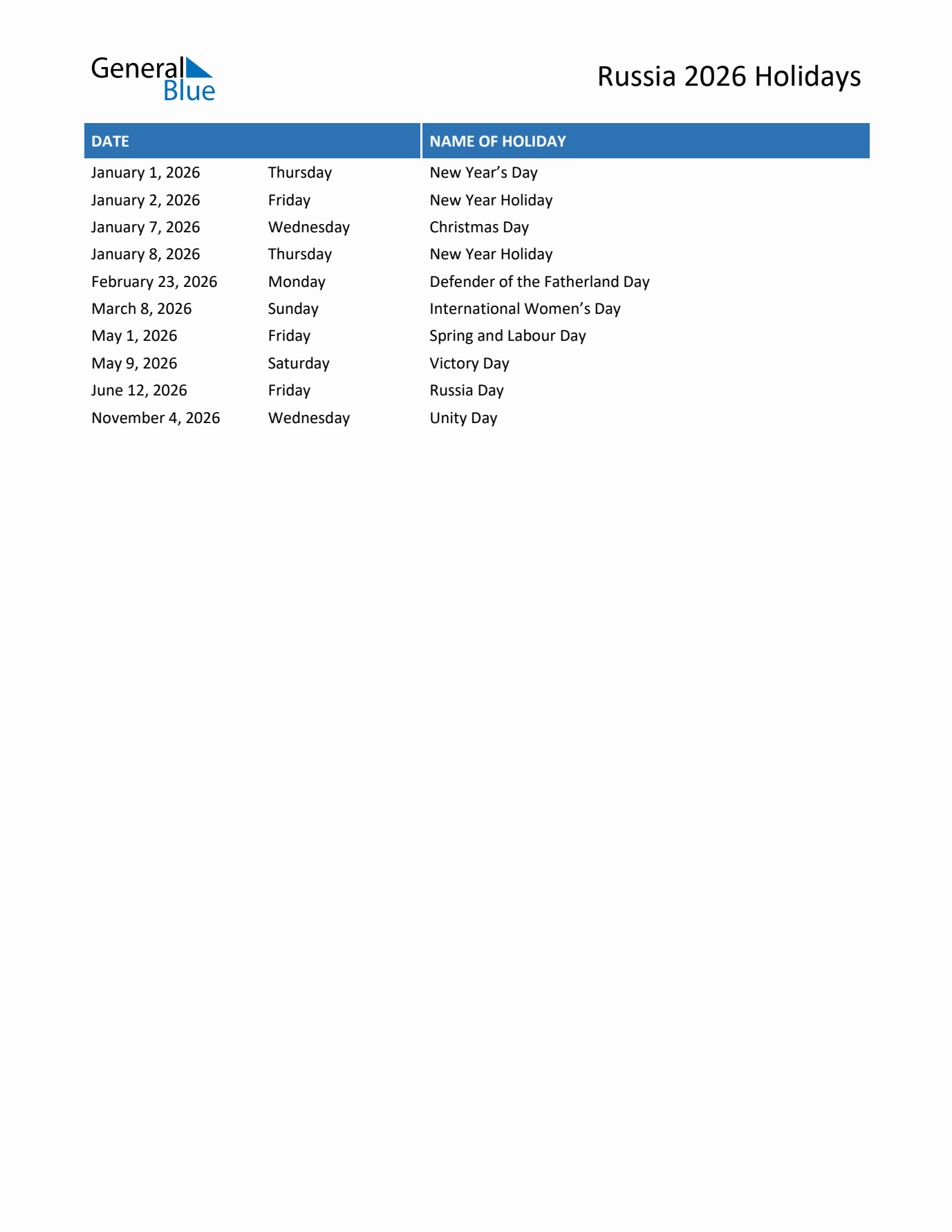 2026 Russia List of Holidays in PDF, Word, and Excel