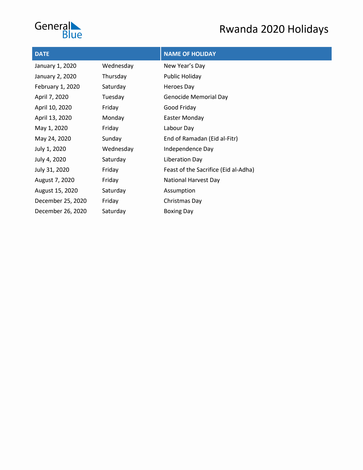 2020 Rwanda List of Holidays in PDF, Word, and Excel