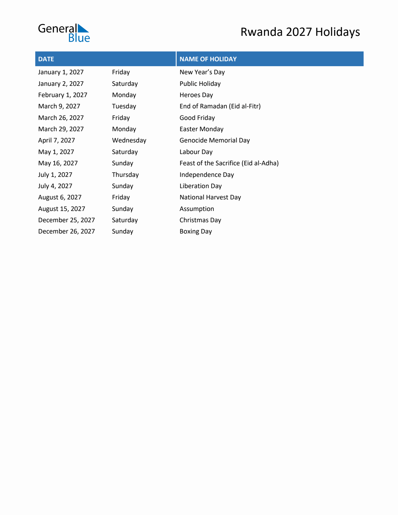 2027 Rwanda List of Holidays in PDF, Word, and Excel