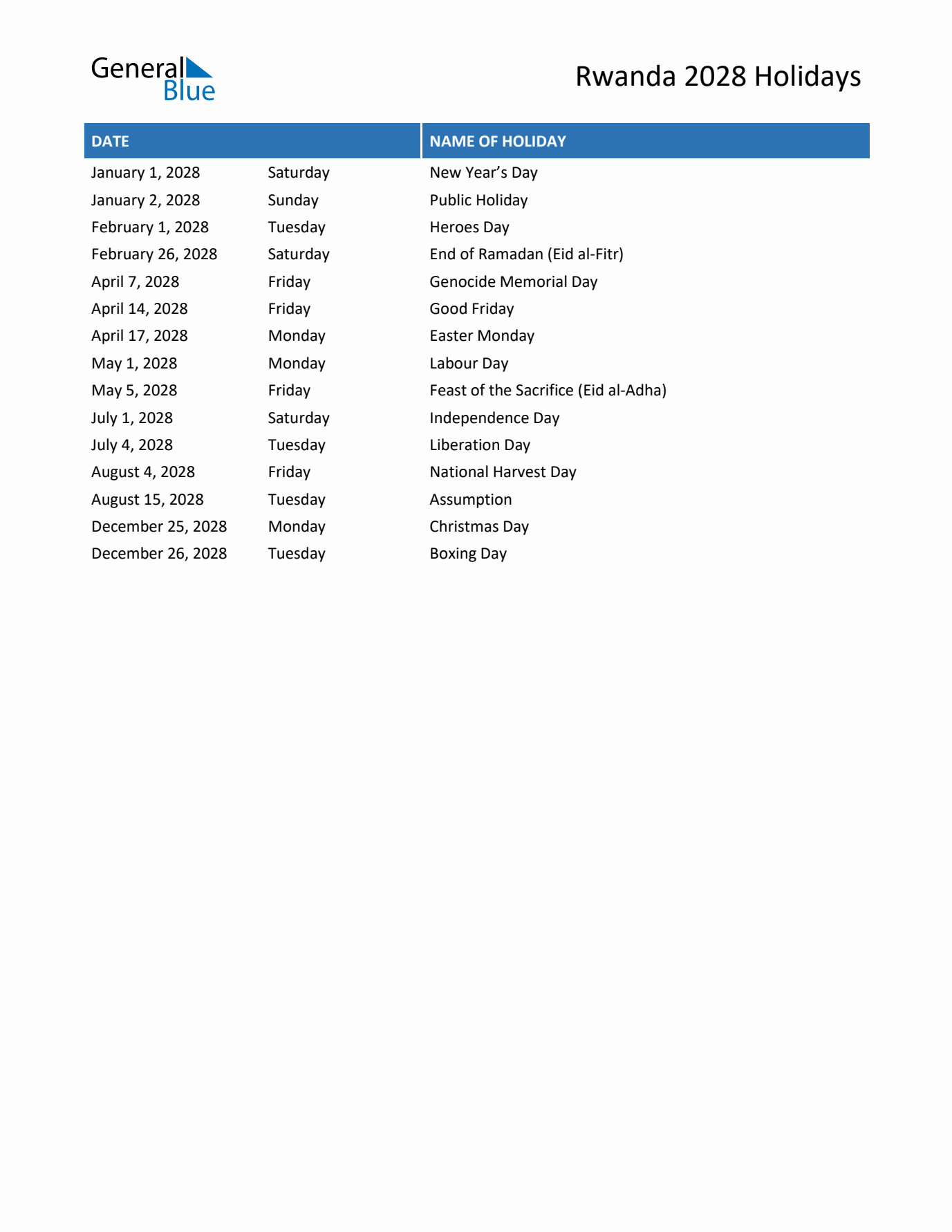 2028 Rwanda List of Holidays in PDF, Word, and Excel