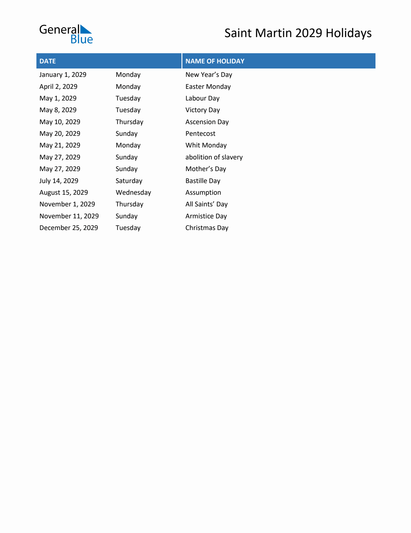 2029 Saint Martin List of Holidays in PDF, Word, and Excel