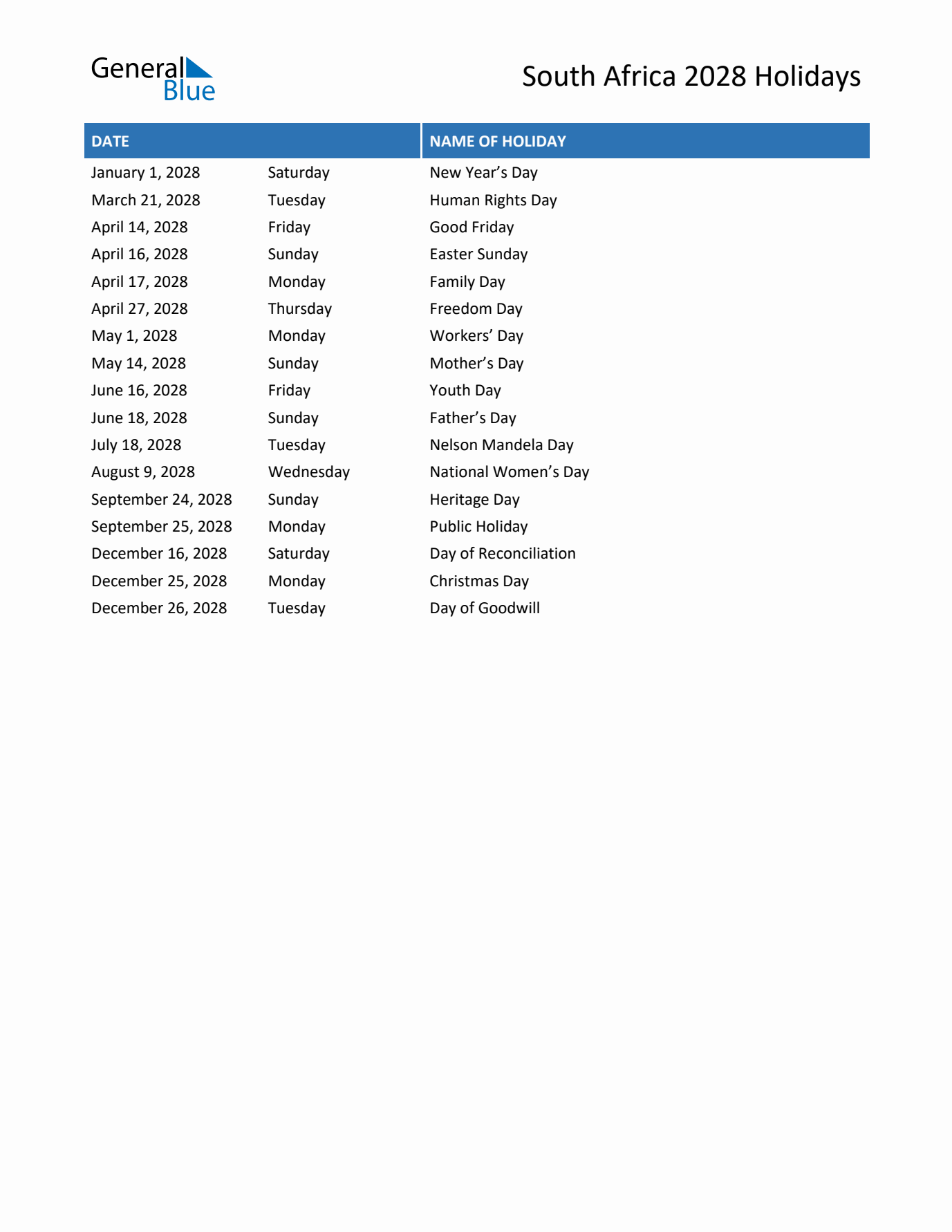 2028 South Africa List of Holidays in PDF, Word, and Excel