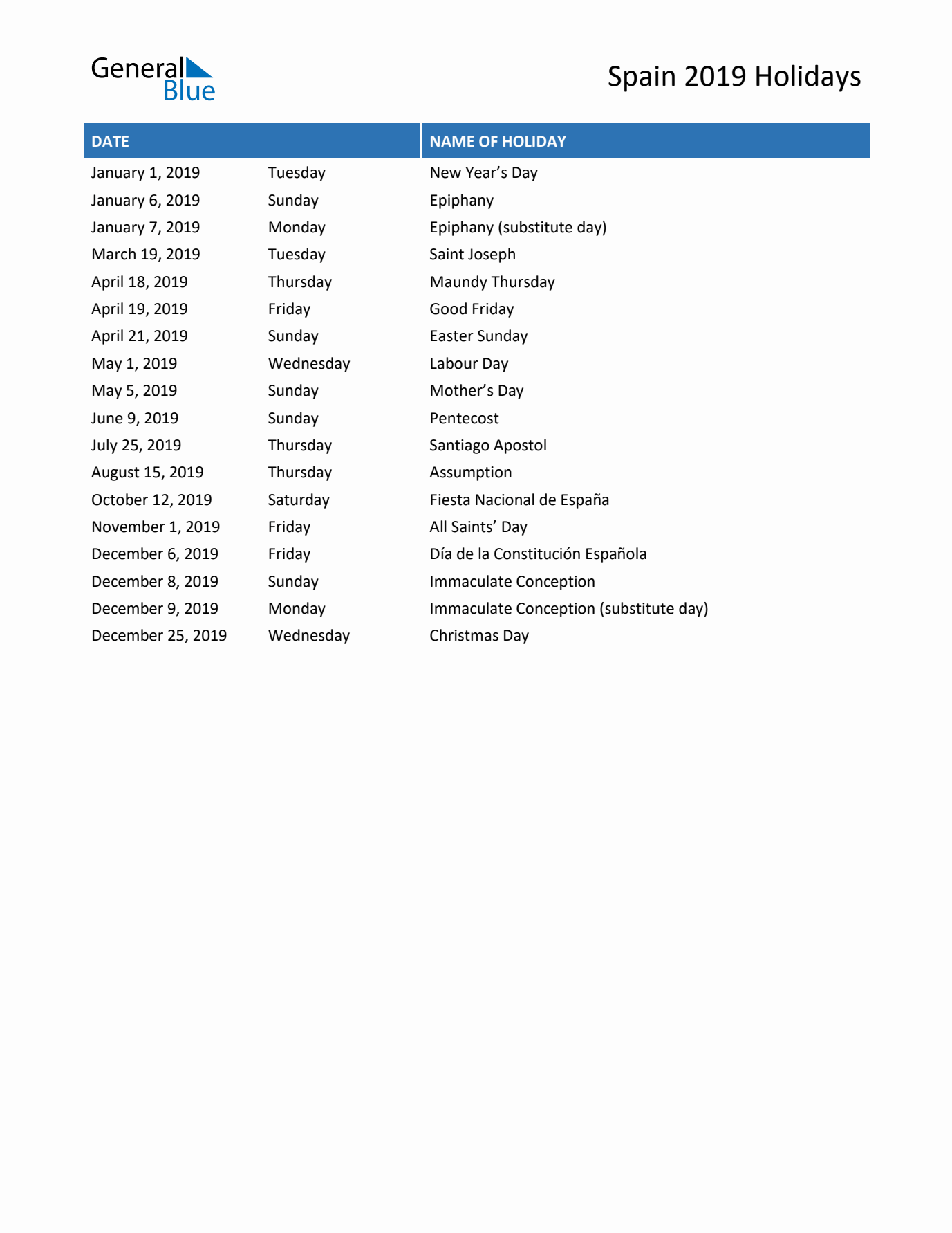 2019 Spain List of Holidays in PDF, Word, and Excel