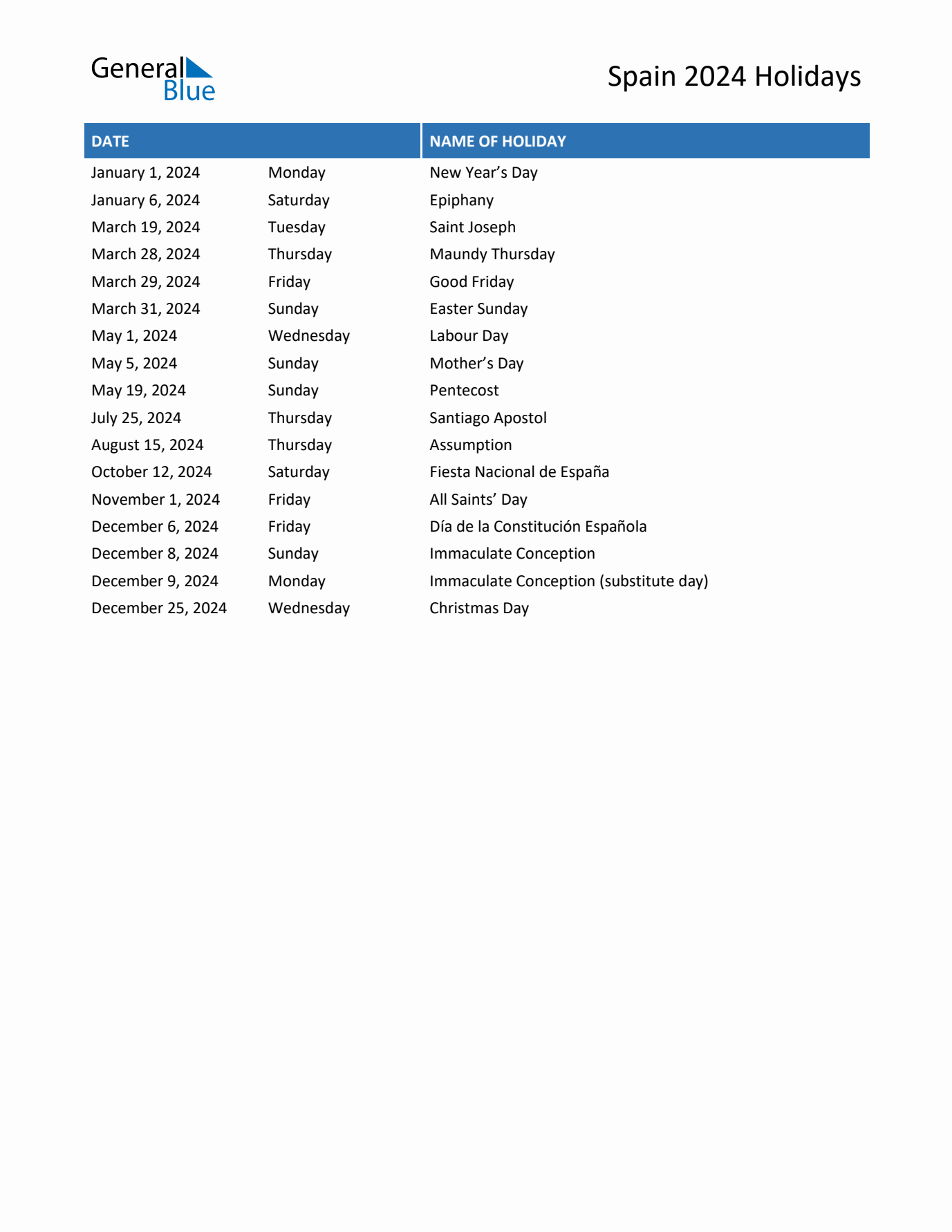 2024 Spain List of Holidays in PDF, Word, and Excel
